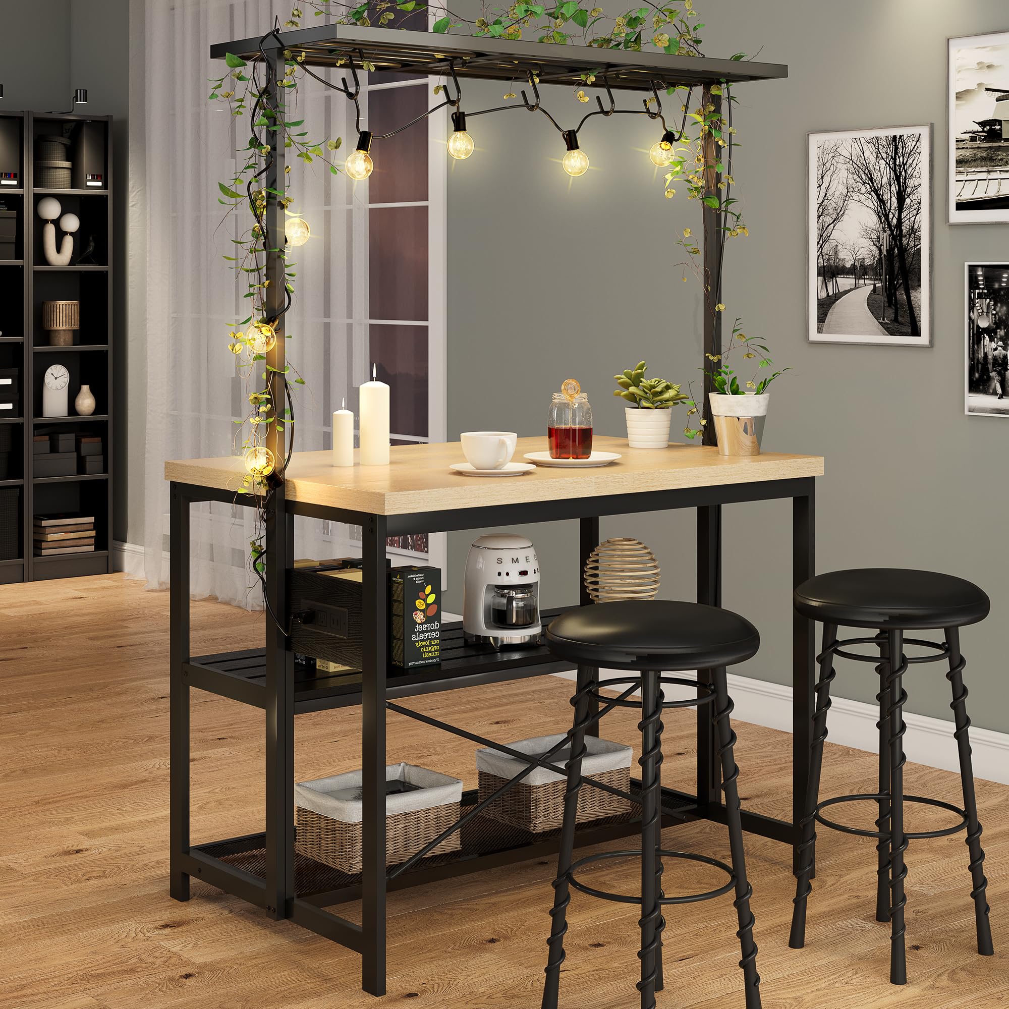 47" Large Kitchen Island Table Bakers Rack with Power Outlet and 3-Tier Storage-Microwave Stand Oven Shelf, Metal Coffee Bar Table ,Kitchen Storage Shelf for Dining Living Room, 5 Hooks,47"*28"*72"