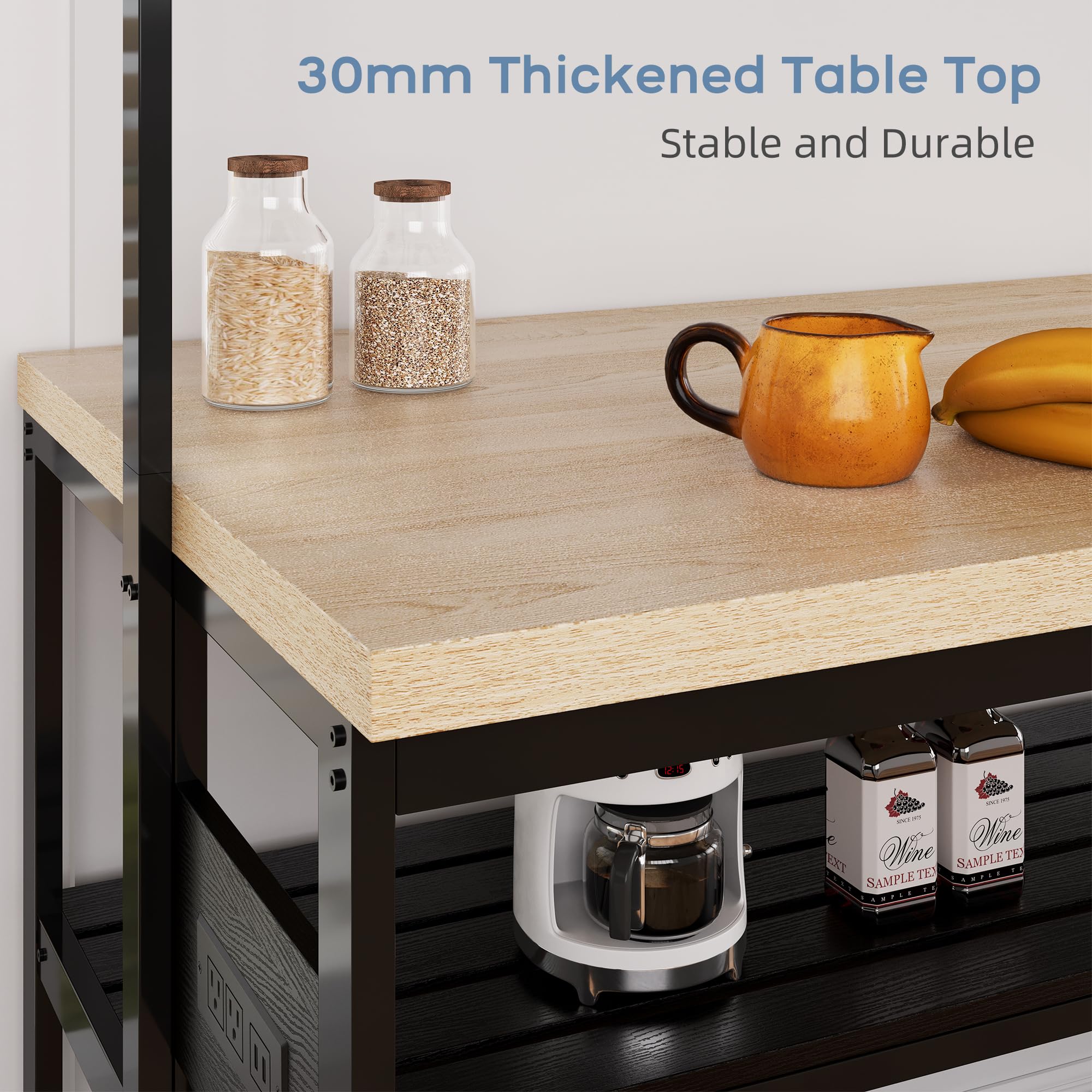 47" Large Kitchen Island Table Bakers Rack with Power Outlet and 3-Tier Storage-Microwave Stand Oven Shelf, Metal Coffee Bar Table ,Kitchen Storage Shelf for Dining Living Room, 5 Hooks,47"*28"*72"