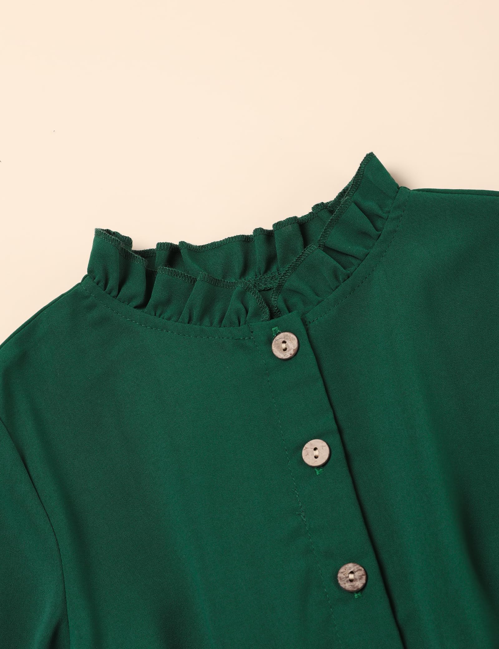 Glaoly Girls Dress Green Ruffle Collar Button-Down Long Sleeve Swing Girls Dresses Size 7-8