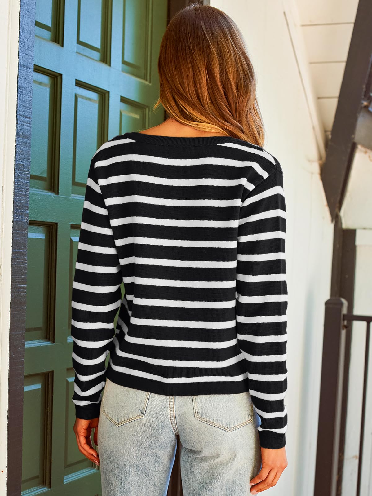 LILLUSORY Women's Striped Cardigan Sweaters Fall Outfits Clothes Fashion Trendy Long Sleeve Tops Casual Knit Lady Jackets Black White M