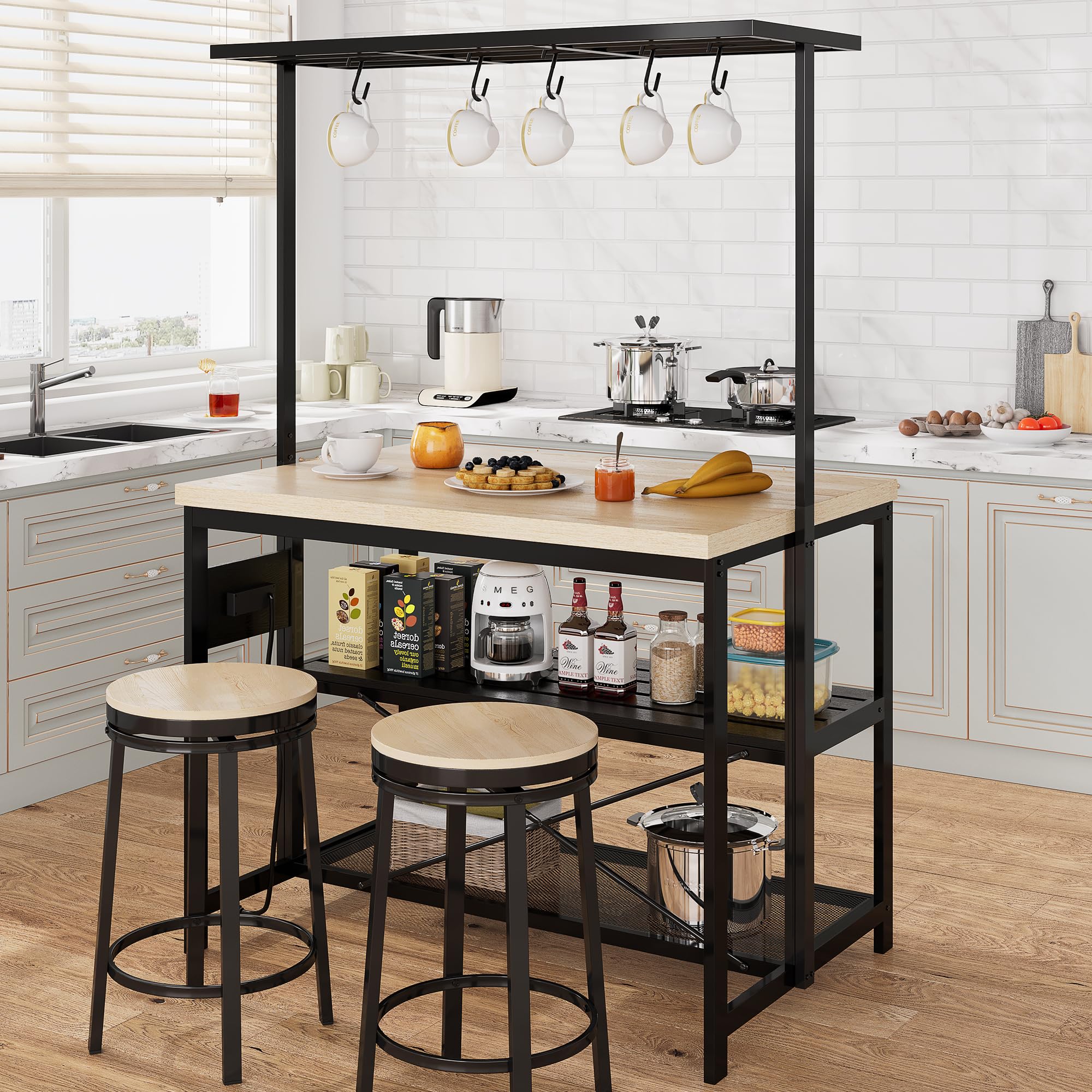 47" Large Kitchen Island Table Bakers Rack with Power Outlet and 3-Tier Storage-Microwave Stand Oven Shelf, Metal Coffee Bar Table ,Kitchen Storage Shelf for Dining Living Room, 5 Hooks,47"*28"*72"