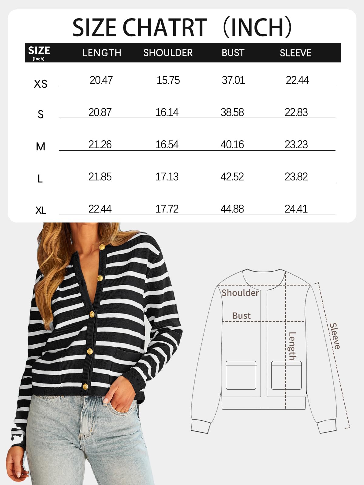LILLUSORY Women's Striped Cardigan Sweaters Fall Outfits Clothes Fashion Trendy Long Sleeve Tops Casual Knit Lady Jackets Black White M