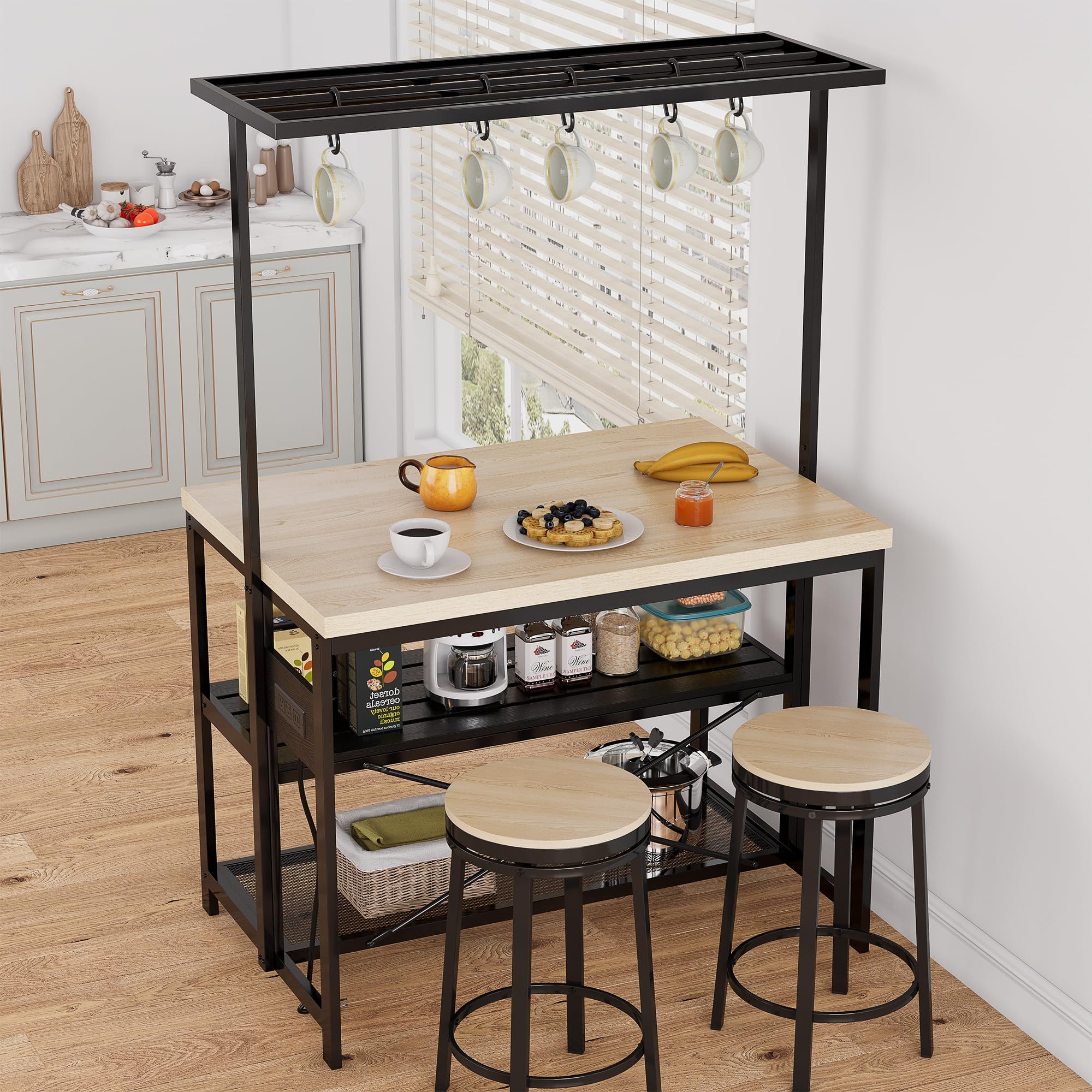 47" Large Kitchen Island Table Bakers Rack with Power Outlet and 3-Tier Storage-Microwave Stand Oven Shelf, Metal Coffee Bar Table ,Kitchen Storage Shelf for Dining Living Room, 5 Hooks,47"*28"*72"