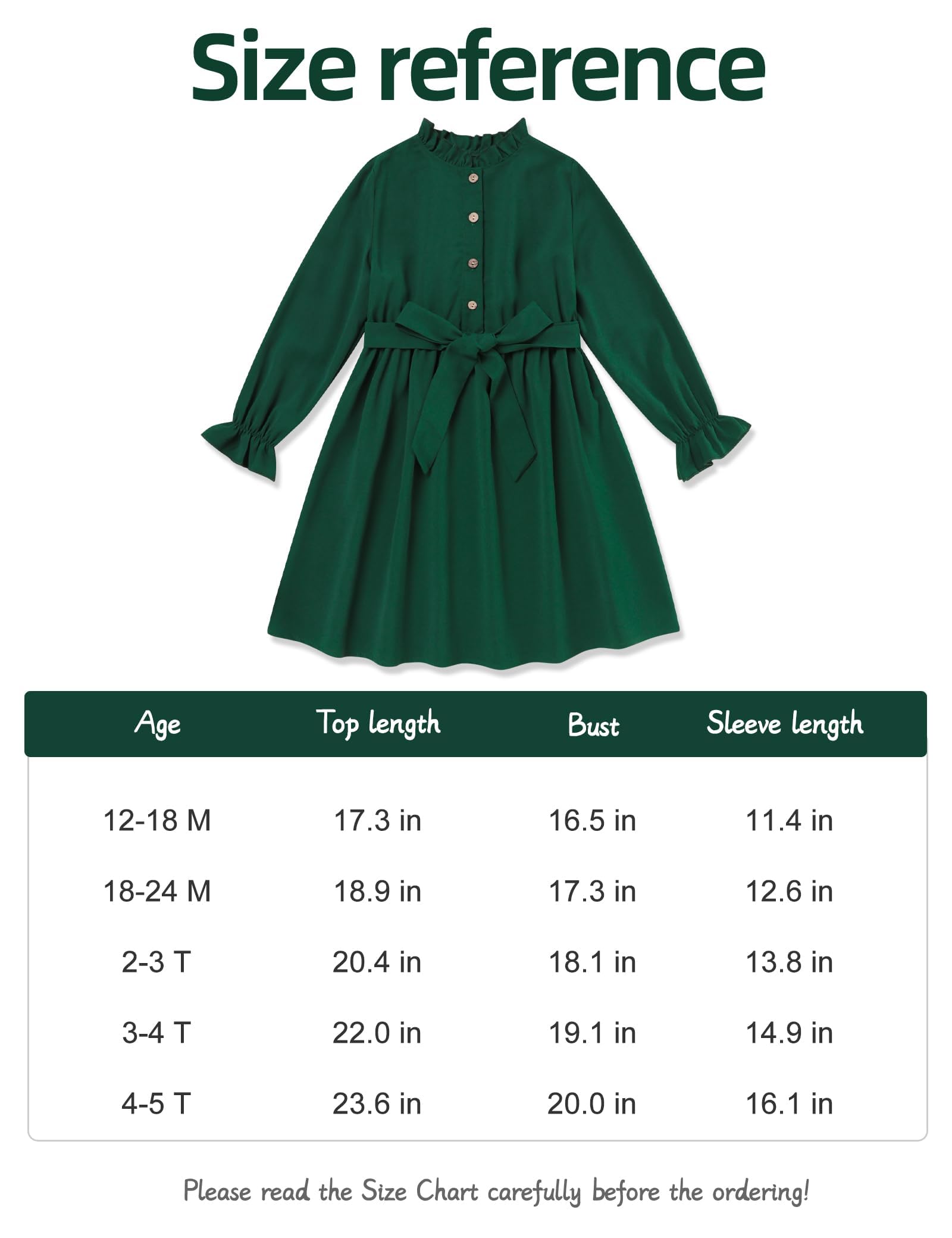 Glaoly Girls Dress Green Ruffle Collar Button-Down Long Sleeve Swing Girls Dresses Size 7-8