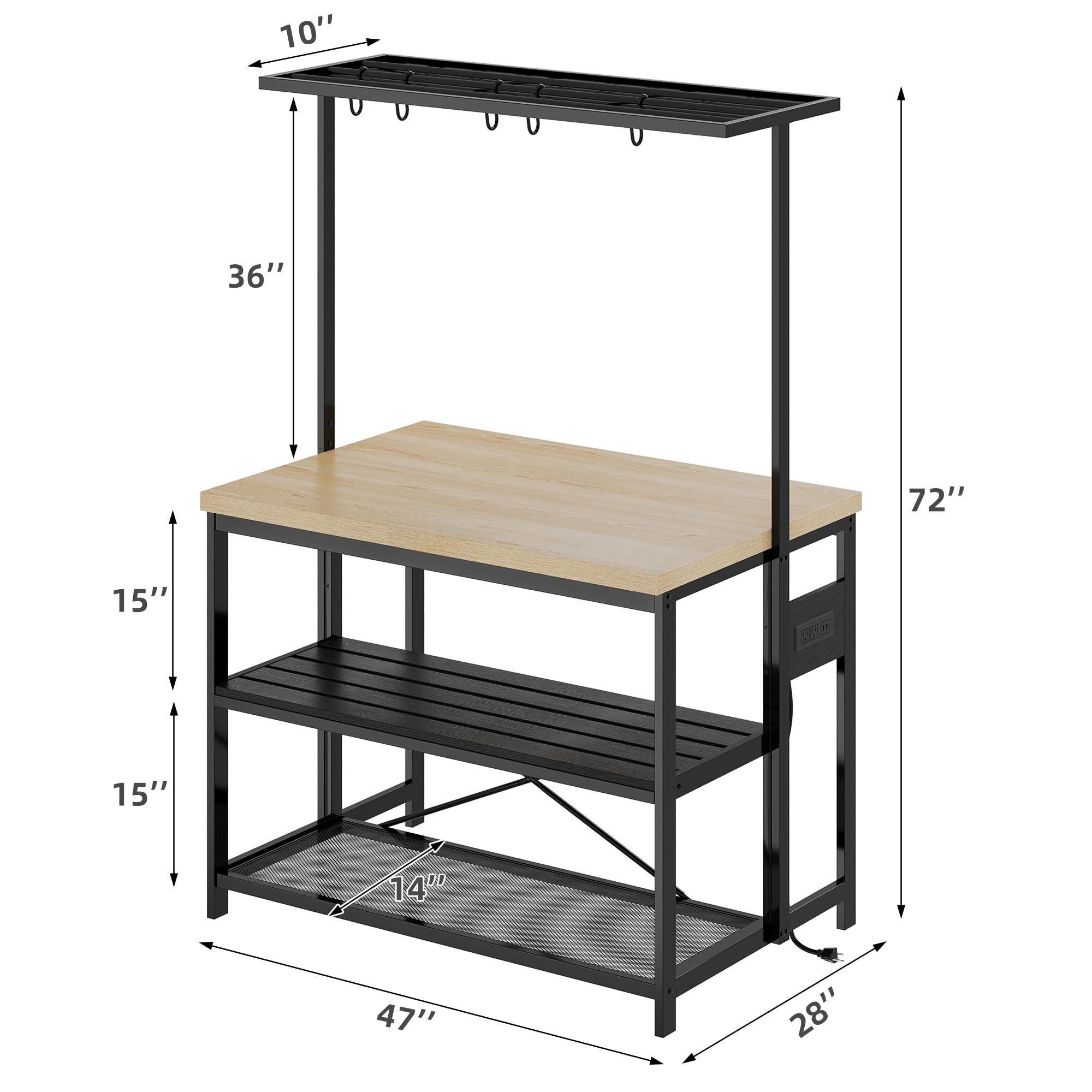 47" Large Kitchen Island Table Bakers Rack with Power Outlet and 3-Tier Storage-Microwave Stand Oven Shelf, Metal Coffee Bar Table ,Kitchen Storage Shelf for Dining Living Room, 5 Hooks,47"*28"*72"