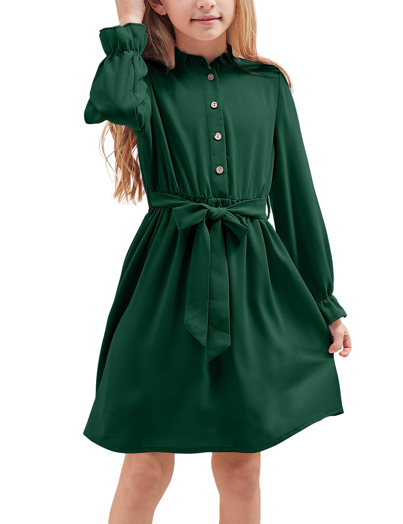 Glaoly Girls Dress Green Ruffle Collar Button-Down Long Sleeve Swing Girls Dresses Size 7-8