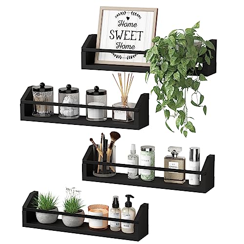 WOPITUES Floating Shelves with Protective Metal Rail, Small Bathroom Shelves Set of 4, Spice Rack Wall Mount, Wood Shelves for Kitchen, Living Room, Bedroom, Nursery Book- Modern Black
