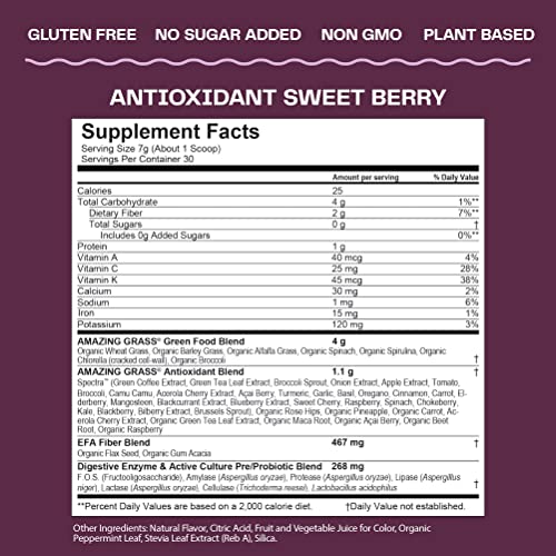 Amazing Grass Greens Blend Antioxidant: Super Greens Powder Smoothie Mix with Organic Spirulina, Beet Root Powder, Elderberry, Bilberry, Prebioitics & Probiotics, Sweet Berry, 30 Servings