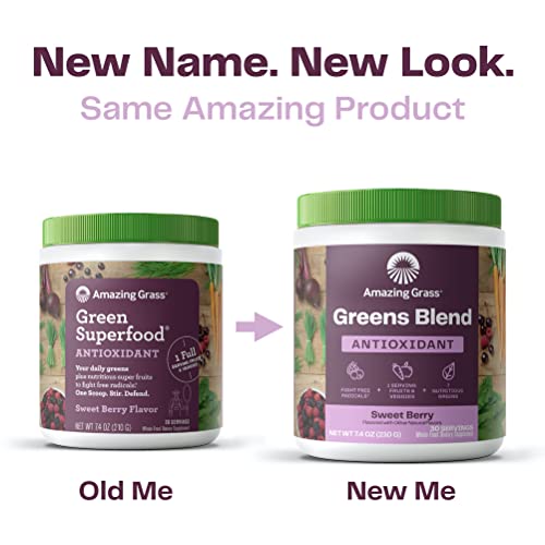 Amazing Grass Greens Blend Antioxidant: Super Greens Powder Smoothie Mix with Organic Spirulina, Beet Root Powder, Elderberry, Bilberry, Prebioitics & Probiotics, Sweet Berry, 30 Servings