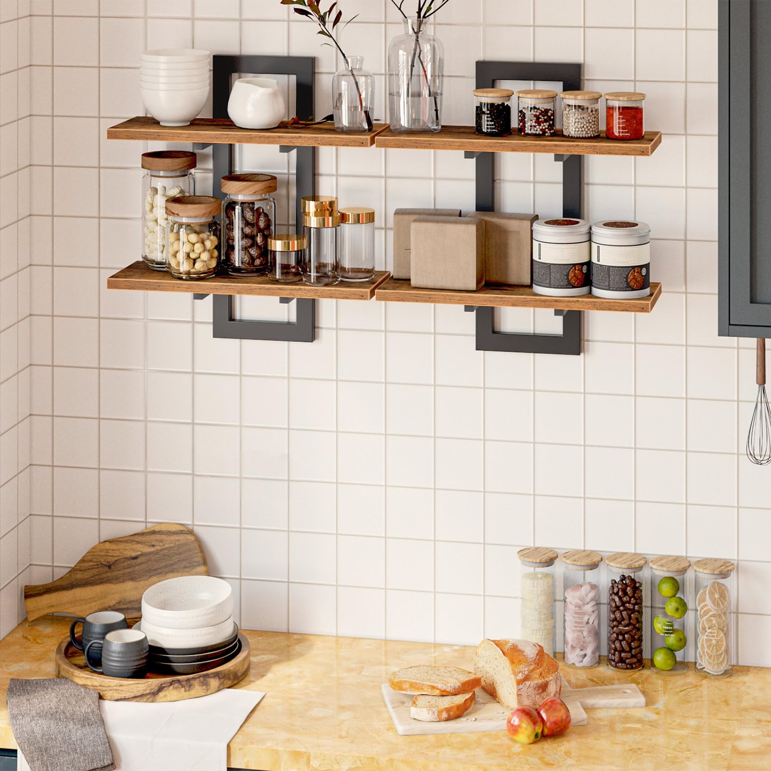 HOOBRO Floating Shelves, 15 Inch Wall Shelf Set of 2, Wall Mounted Storage Shelves 2-Tier, Hanging Bathroom Shelves, for Living Room, Bedroom, Bathroom, Kitchen, Rustic Brown and Black BF32BJ01