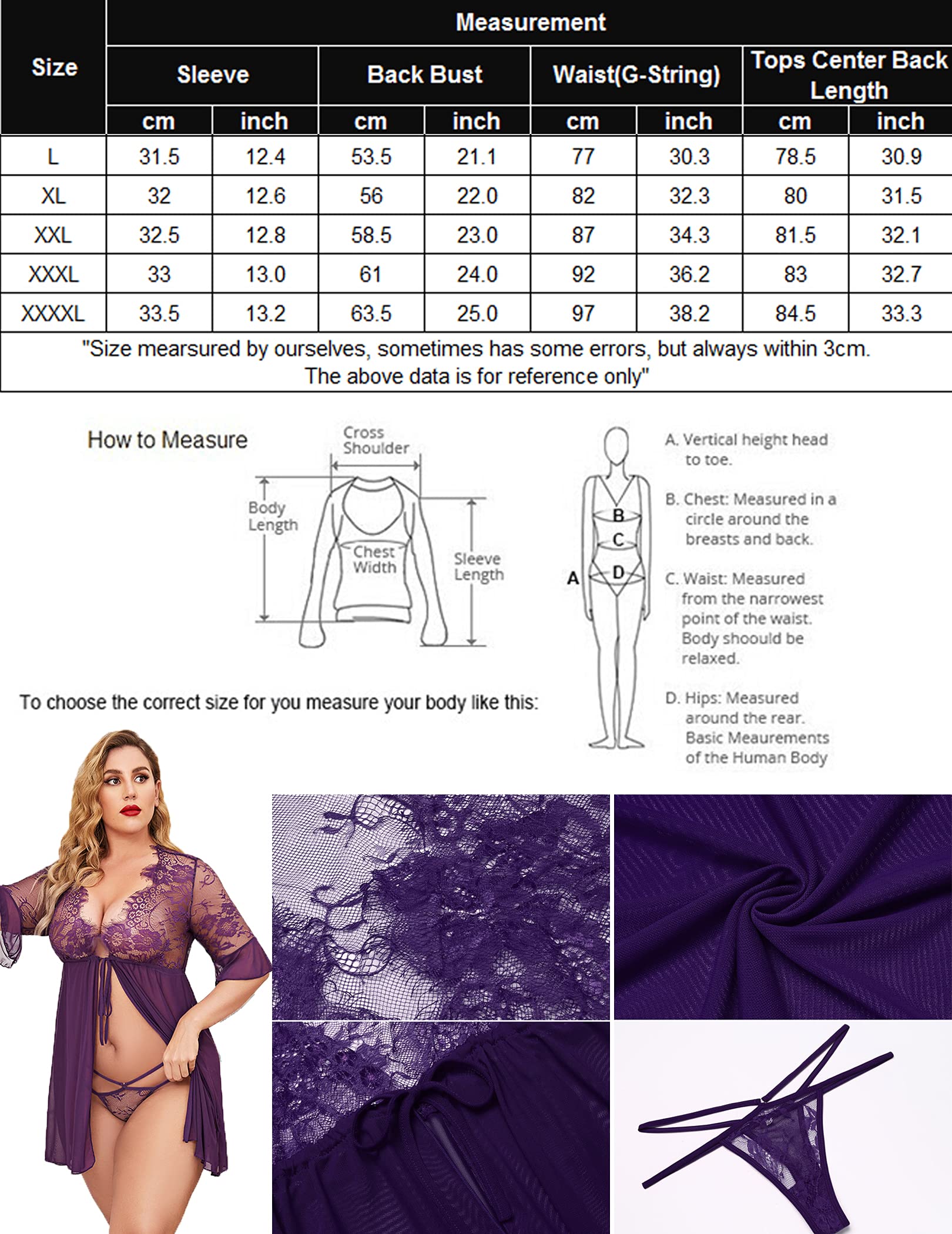 Avidlove Womens Lingerie Lace Plus Size Kimono Robe Mesh Nightgown Dress Sets Purple Large