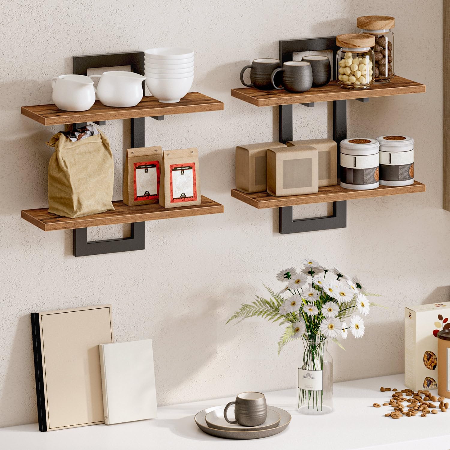 HOOBRO Floating Shelves, 15 Inch Wall Shelf Set of 2, Wall Mounted Storage Shelves 2-Tier, Hanging Bathroom Shelves, for Living Room, Bedroom, Bathroom, Kitchen, Rustic Brown and Black BF32BJ01