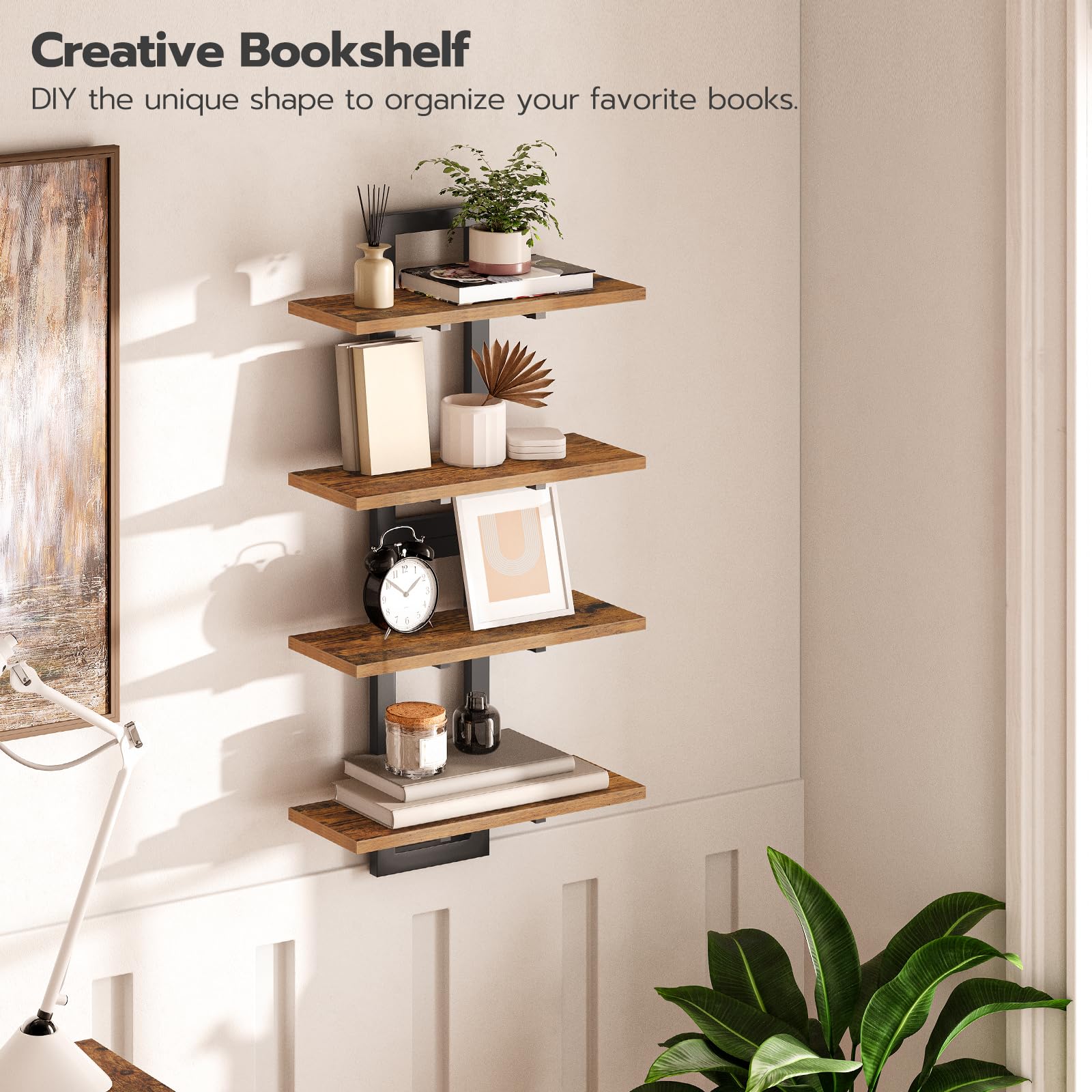 HOOBRO Floating Shelves, 15 Inch Wall Shelf Set of 2, Wall Mounted Storage Shelves 2-Tier, Hanging Bathroom Shelves, for Living Room, Bedroom, Bathroom, Kitchen, Rustic Brown and Black BF32BJ01