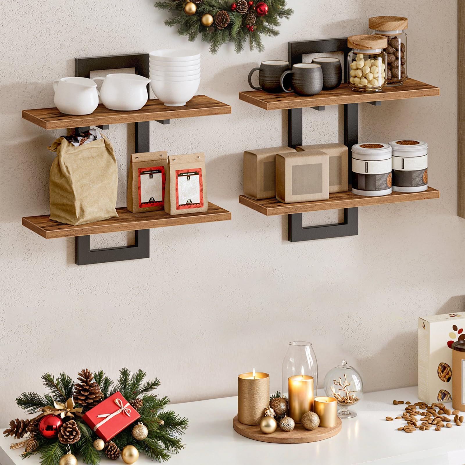 HOOBRO Floating Shelves, 15 Inch Wall Shelf Set of 2, Wall Mounted Storage Shelves 2-Tier, Hanging Bathroom Shelves, for Living Room, Bedroom, Bathroom, Kitchen, Rustic Brown and Black BF32BJ01