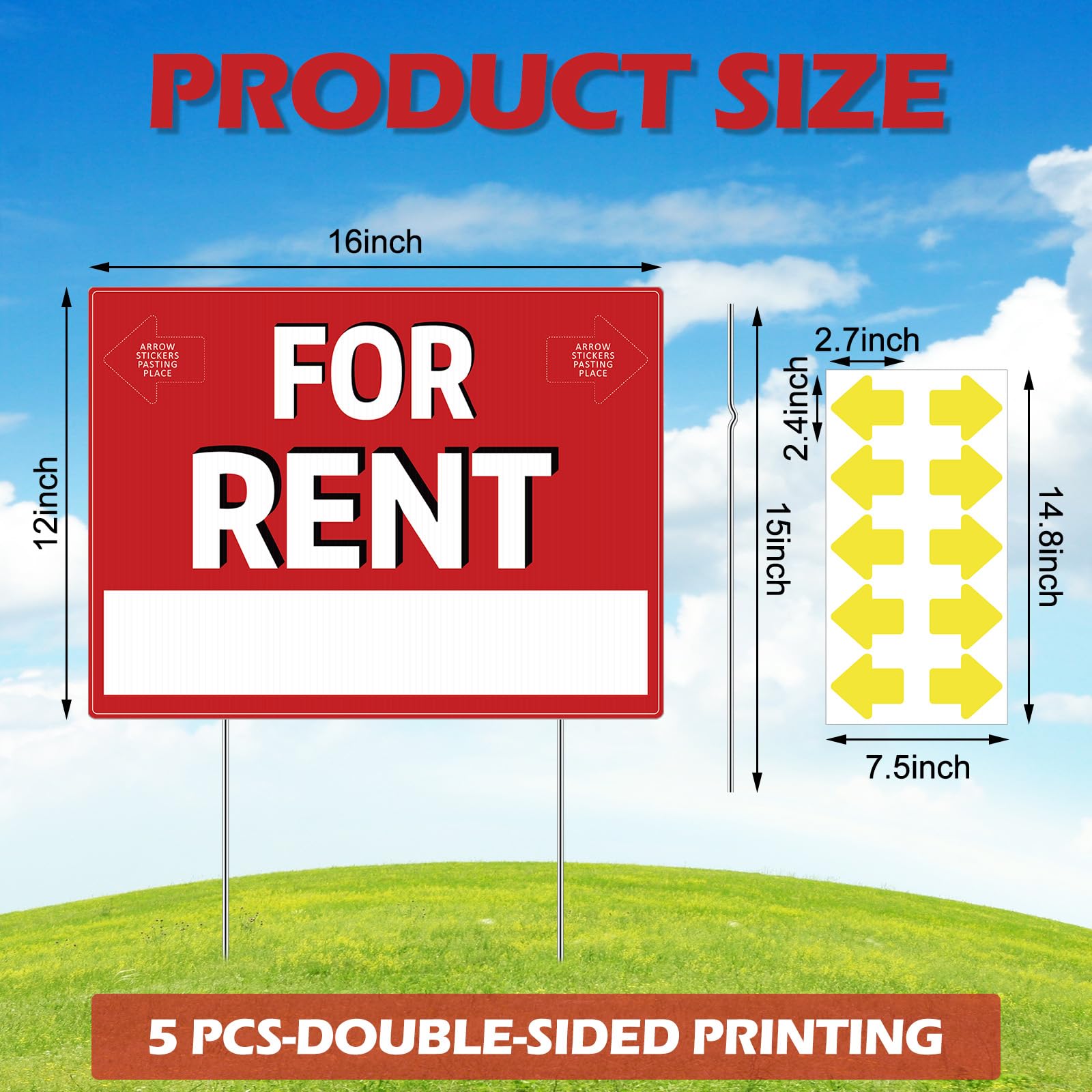 Soaoo 5 Pack 12 x 16 Inch for Rent Sign with Stand Double Sided Yard Sign Stands Corrugated Plastic Lease with Directional Arrow Sticker House Car Rental Supplies