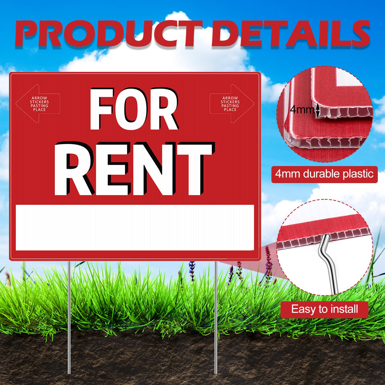 Soaoo 5 Pack 12 x 16 Inch for Rent Sign with Stand Double Sided Yard Sign Stands Corrugated Plastic Lease with Directional Arrow Sticker House Car Rental Supplies