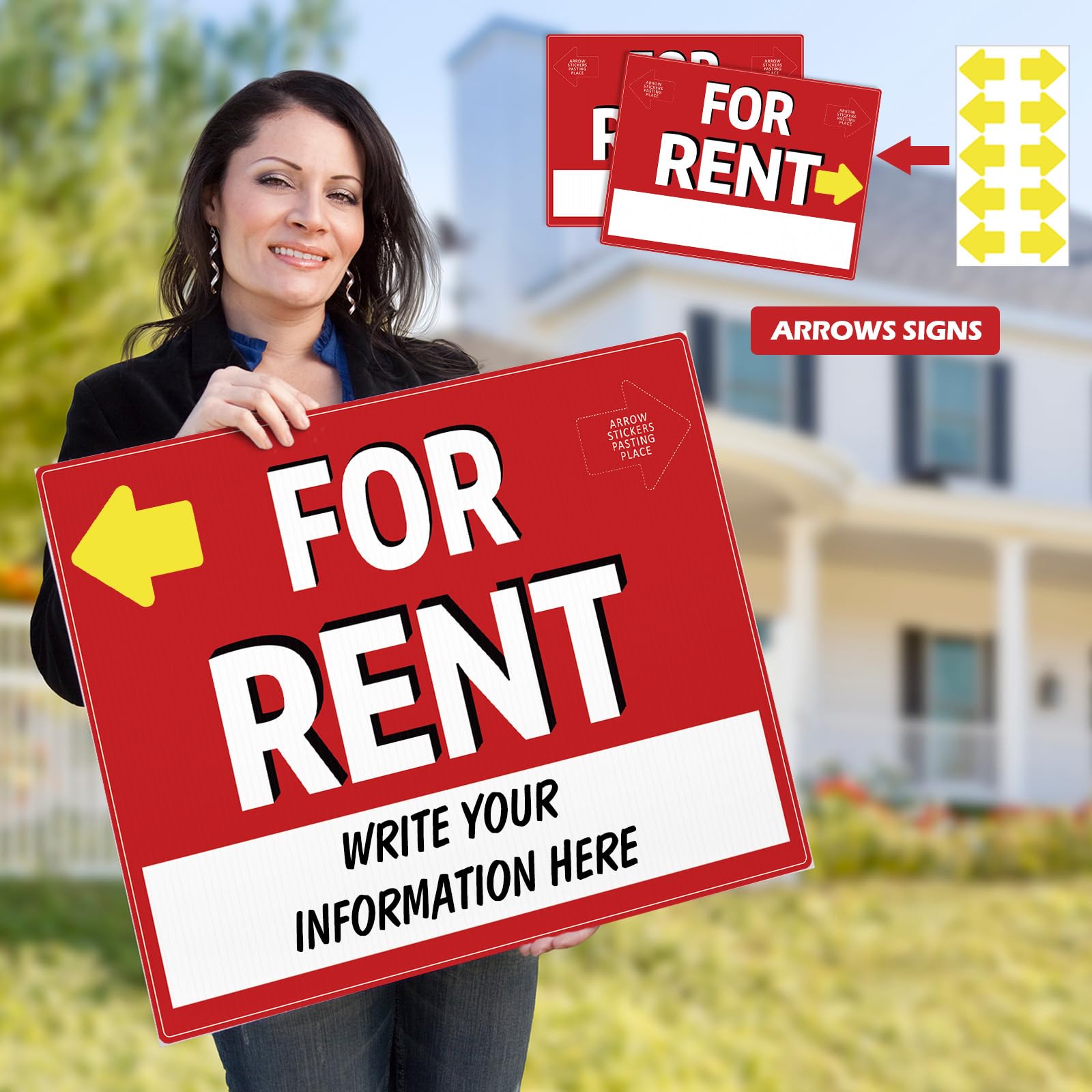 Soaoo 5 Pack 12 x 16 Inch for Rent Sign with Stand Double Sided Yard Sign Stands Corrugated Plastic Lease with Directional Arrow Sticker House Car Rental Supplies