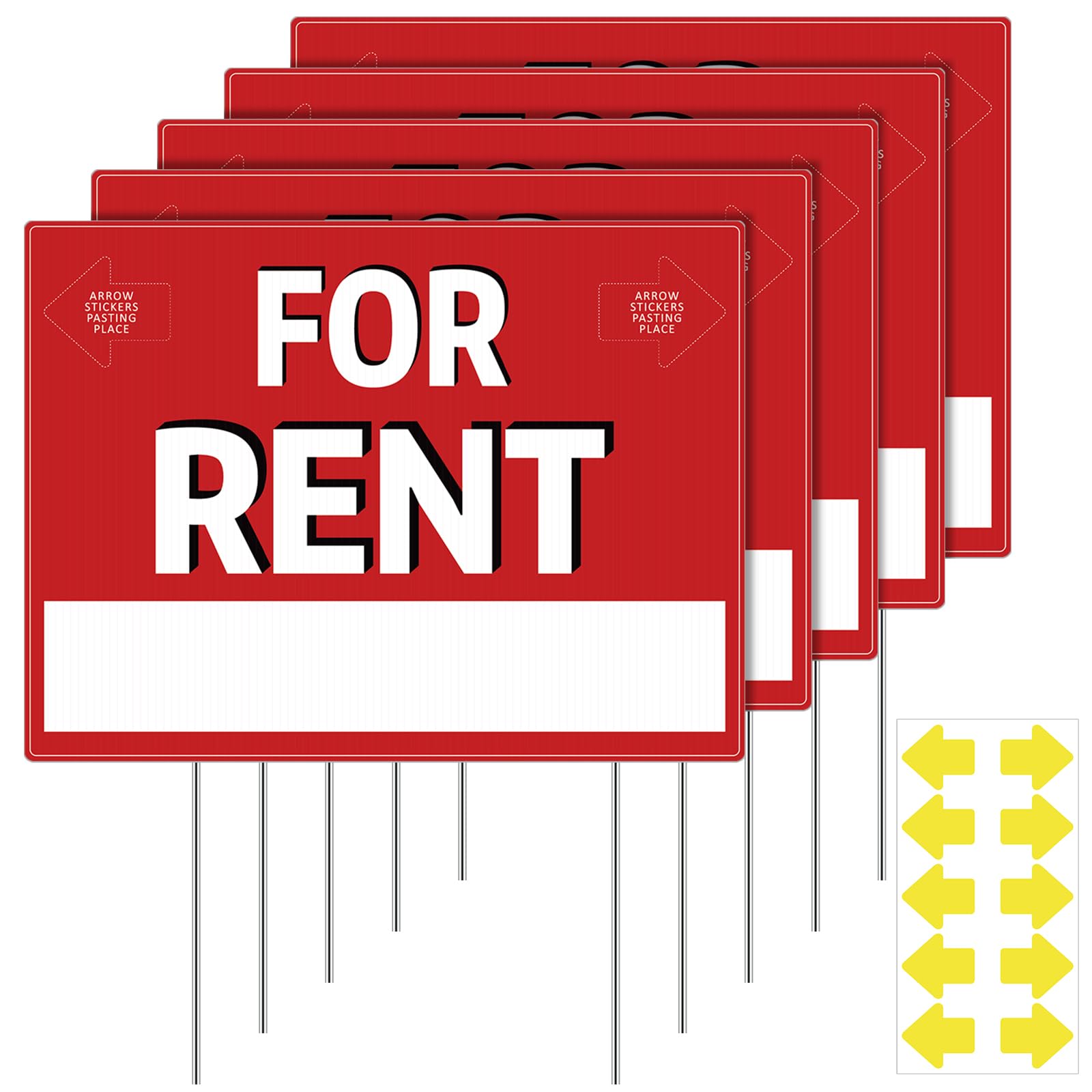 Soaoo 5 Pack 12 x 16 Inch for Rent Sign with Stand Double Sided Yard Sign Stands Corrugated Plastic Lease with Directional Arrow Sticker House Car Rental Supplies