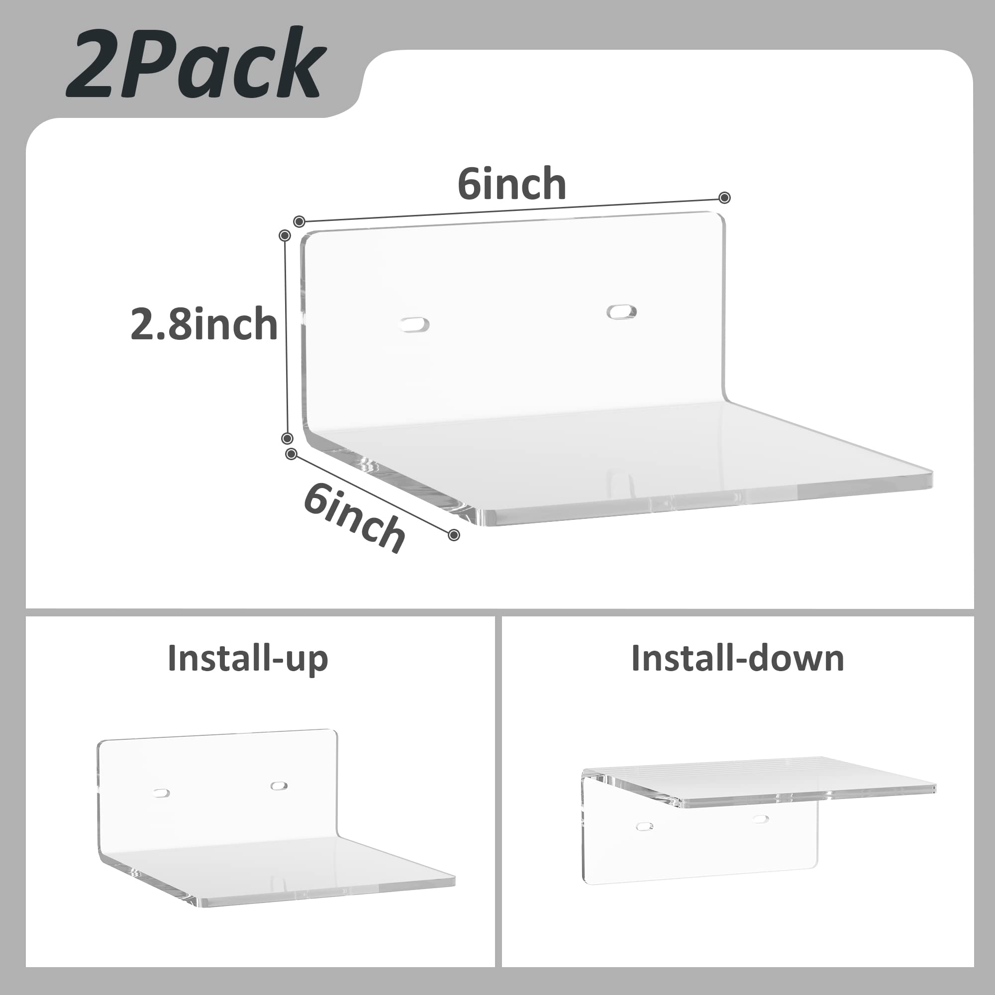 Sezanrpt 6 Inches Acrylic Small Wall Shelves, Clear Floating Shelf for Wall Mounting, Acrylic Display Ledges for Funko Pop Figures, Home Décor, Living Room, Gaming Room, Plants, 2 Pack
