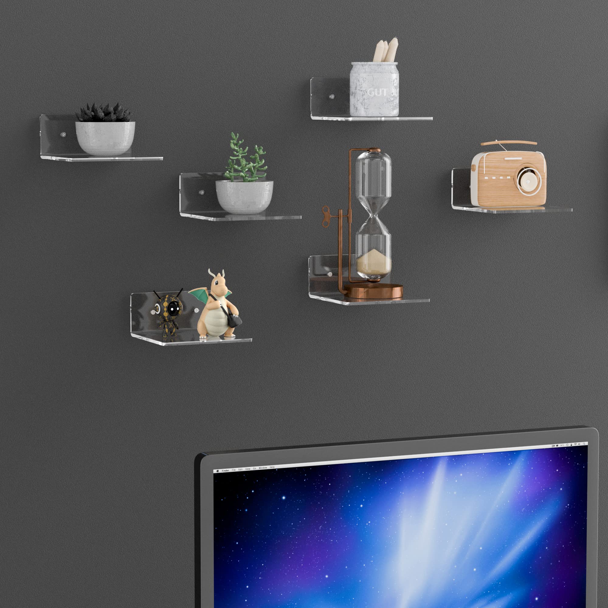 Sezanrpt 6 Inches Acrylic Small Wall Shelves, Clear Floating Shelf for Wall Mounting, Acrylic Display Ledges for Funko Pop Figures, Home Décor, Living Room, Gaming Room, Plants, 2 Pack