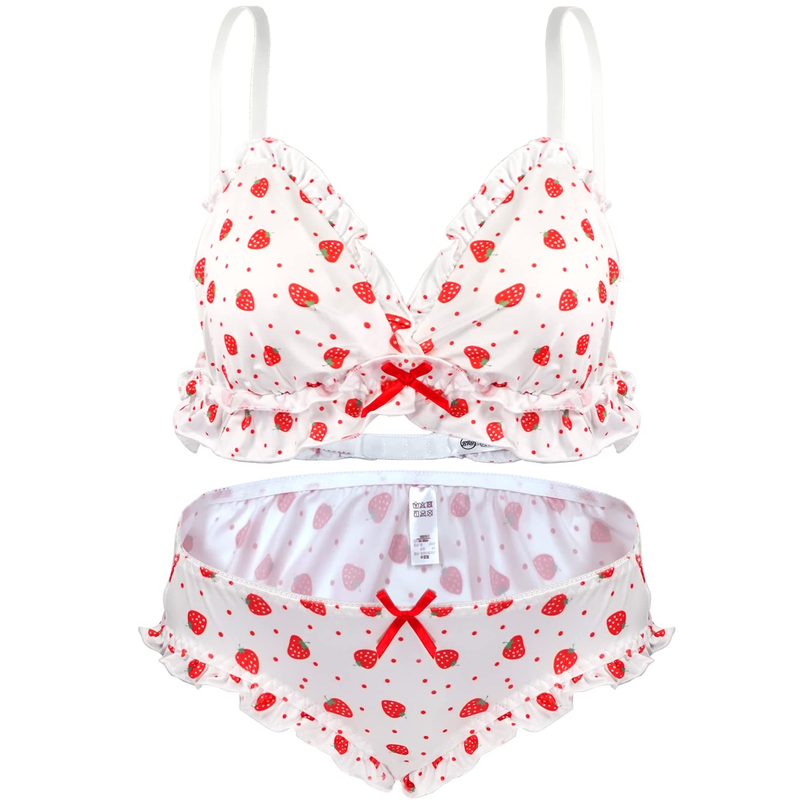 Paloli Womenâs Cute Wirefree Lingerie Set, Strawberry Bikini Set Ruffle Trim Bra And Panty - 100% Cotton