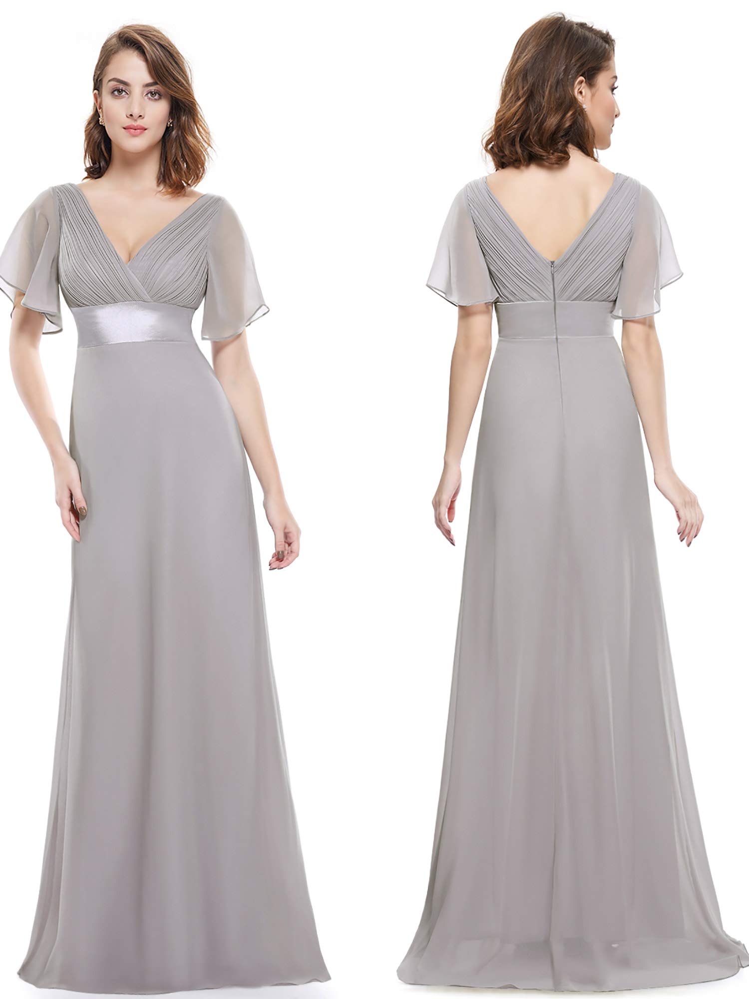 Ever-Pretty Women's Classic Chiffon Short Sleeve Pleated V-Neck Floor Length Bridesmaid Dresses Grey US14