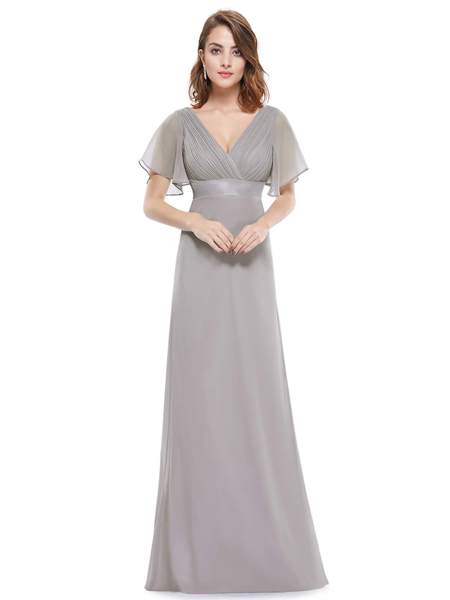 Ever-Pretty Women's Classic Chiffon Short Sleeve Pleated V-Neck Floor Length Bridesmaid Dresses Grey US14