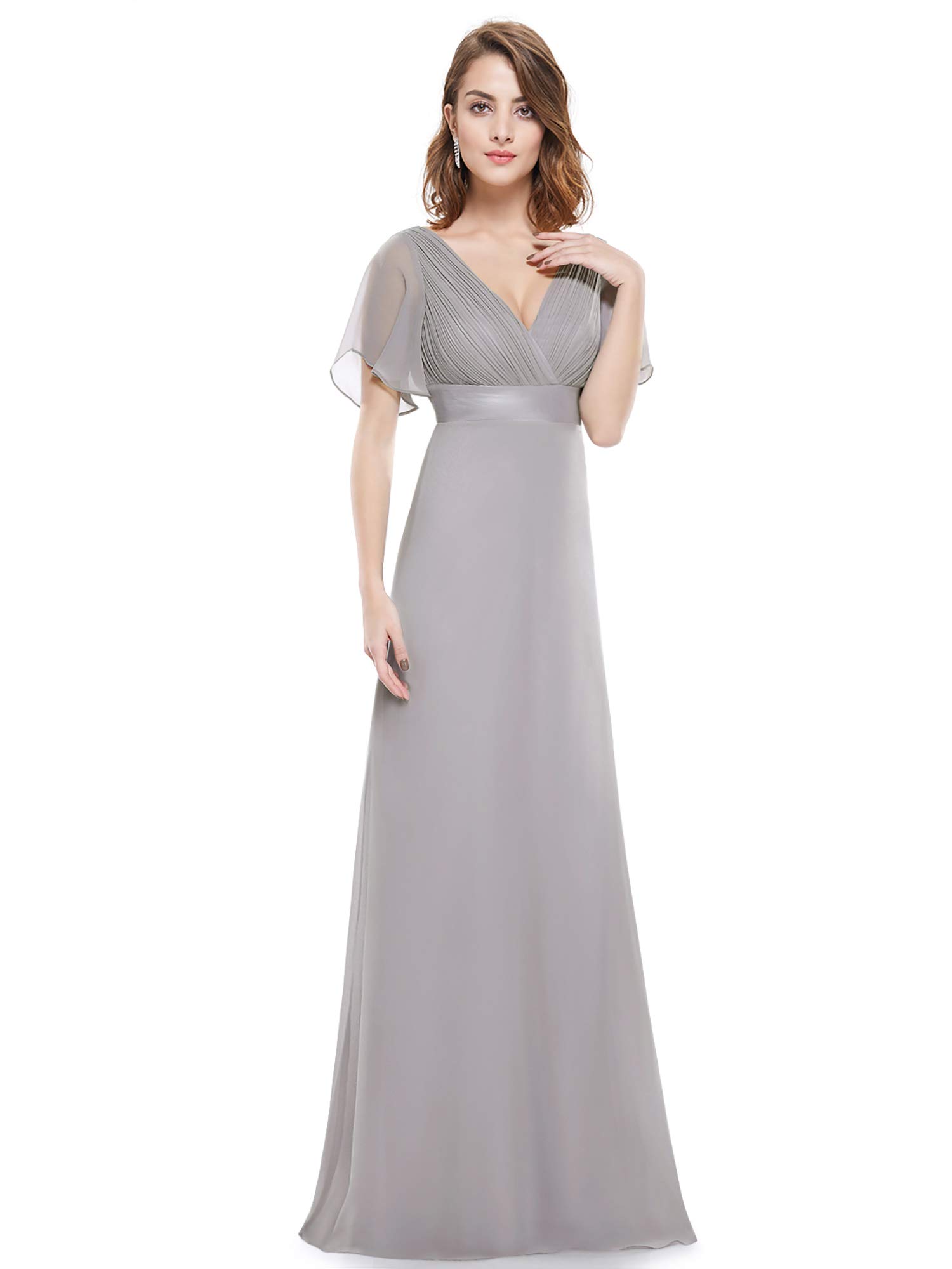 Ever-Pretty Women's Classic Chiffon Short Sleeve Pleated V-Neck Floor Length Bridesmaid Dresses Grey US14