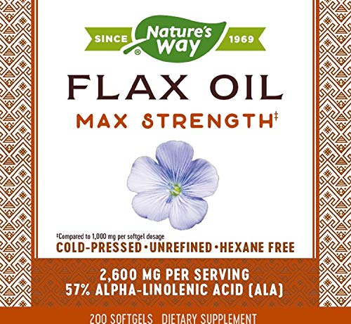 Nature’s Way Flax Oil Max Strength, 2600 mg per Serving, with ALA, Cold-Pressed, 200 Softgels