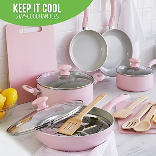 GreenLife Sandstone Healthy Ceramic Nonstick, 15 Piece Kitchen Cookware Pots and Frying Sauce Pans Set, PFAS- Free, Dishwasher Safe, Pink