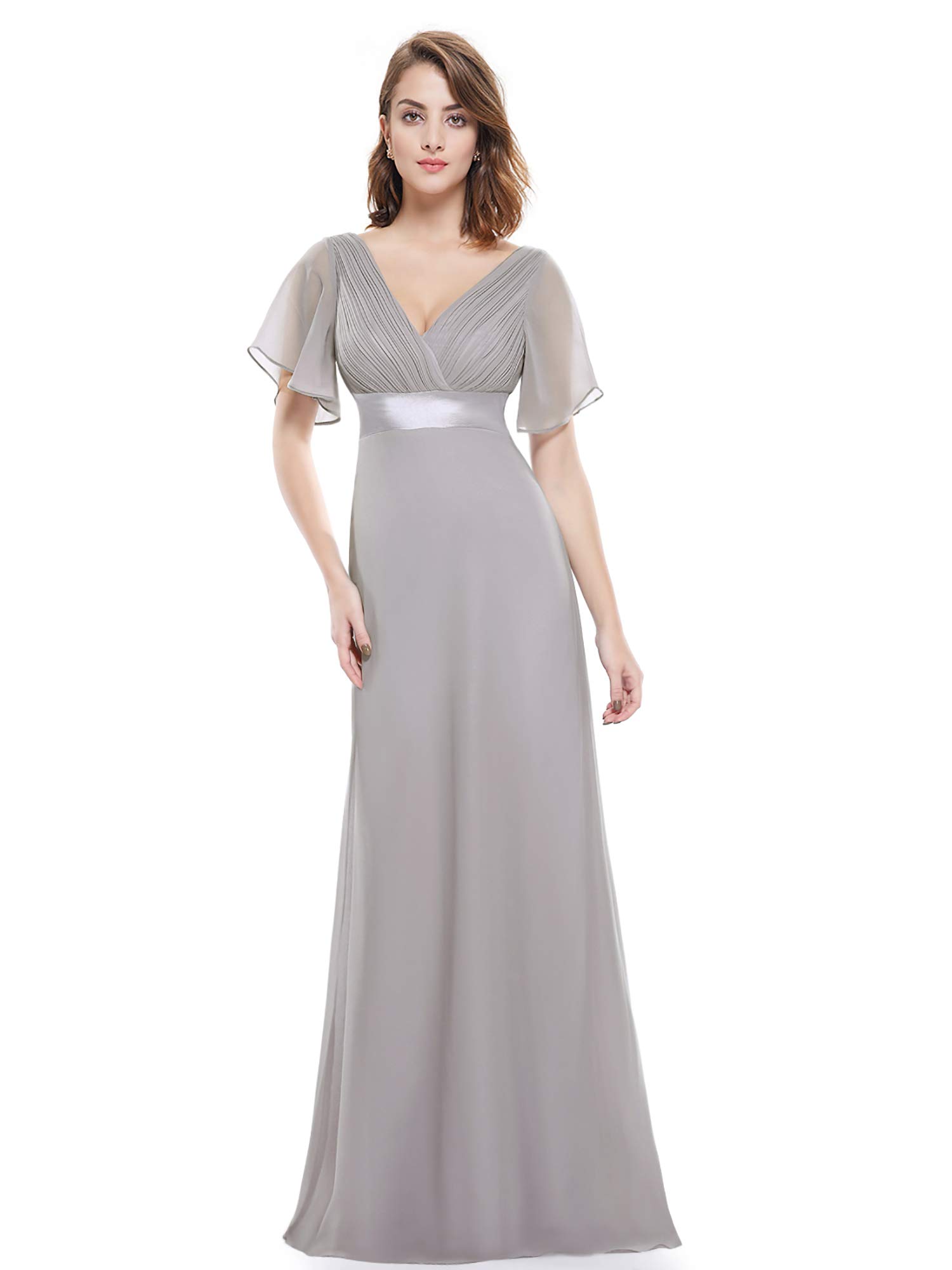 Ever-Pretty Women's Classic Chiffon Short Sleeve Pleated V-Neck Floor Length Bridesmaid Dresses Grey US14