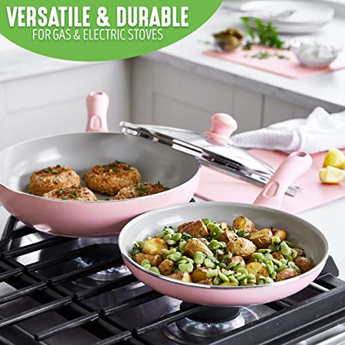 GreenLife Sandstone Healthy Ceramic Nonstick, 15 Piece Kitchen Cookware Pots and Frying Sauce Pans Set, PFAS- Free, Dishwasher Safe, Pink
