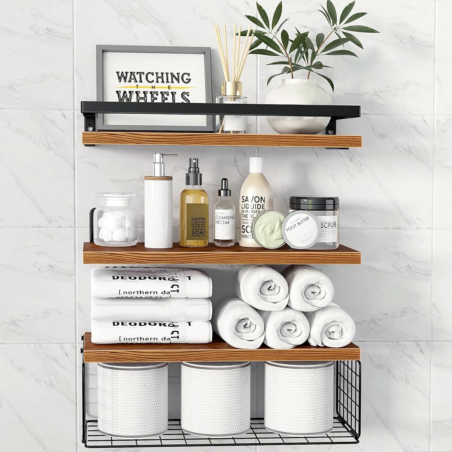 Eunvabir Floating Shelves for Bathroom Storage Decor with Basket, Wood Wall Mounted Over The Toilet Shelves, Hanging Shelf for Bedroom Kitchen Laundry Living Room Plants Farmhouse Organizer