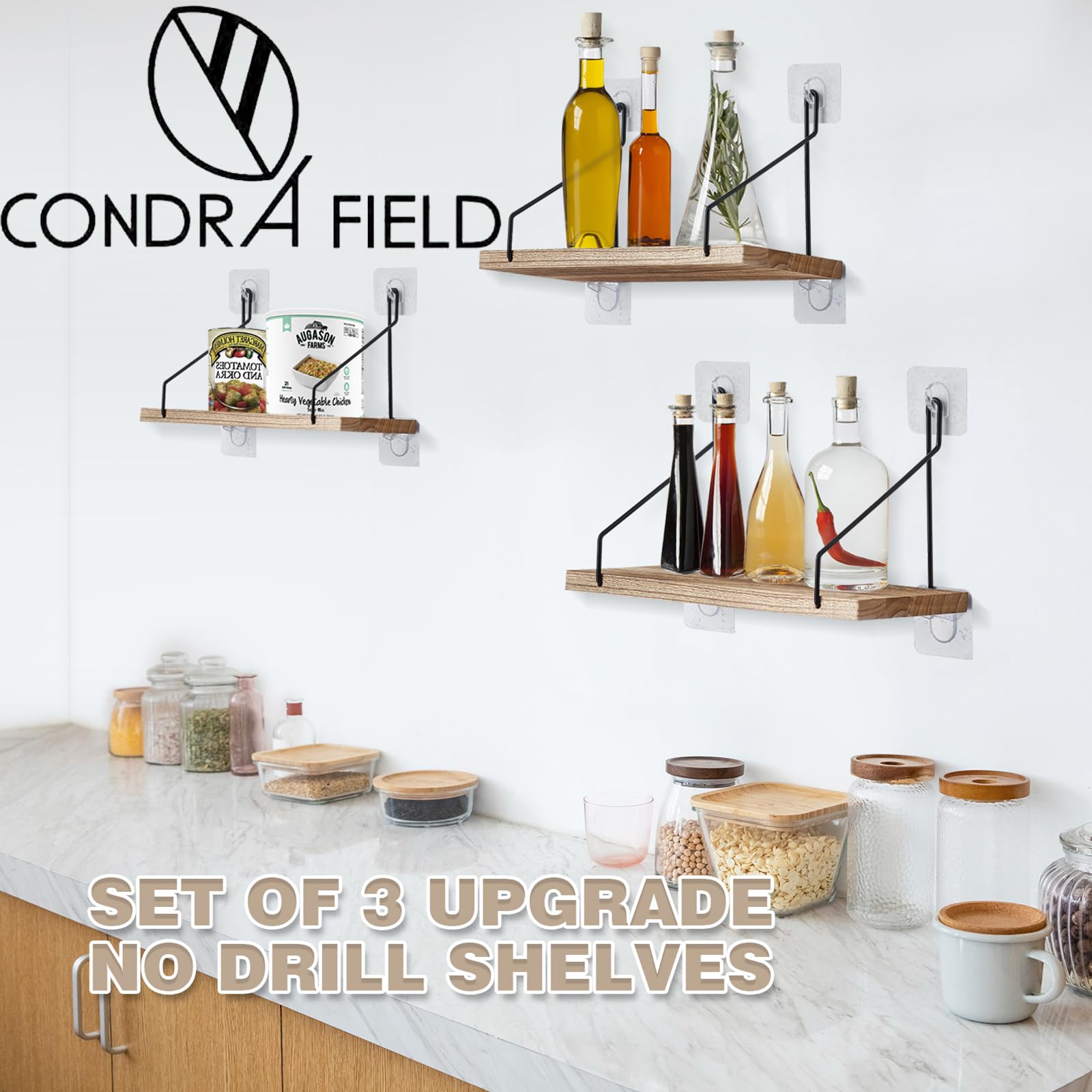 CONDRA FIELD No Drill Shelf,3 Pack Upgrade Floating Shelves with 3 Installation Options,Students and Renter Friendly Wall Hanging Shelves,Perfect for Dorm,Bathroom,Kitchen,Living Room.