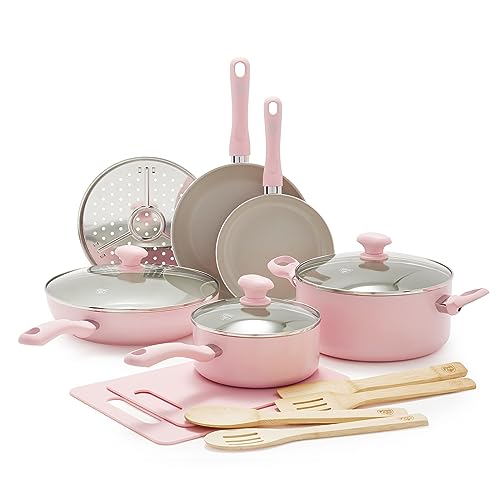 GreenLife Sandstone Healthy Ceramic Nonstick, 15 Piece Kitchen Cookware Pots and Frying Sauce Pans Set, PFAS- Free, Dishwasher Safe, Pink