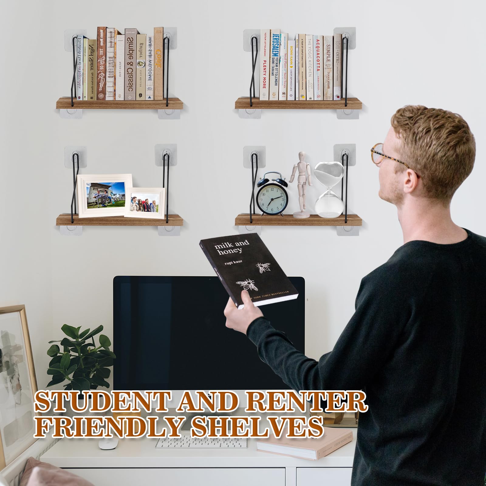 CONDRA FIELD No Drill Shelf,3 Pack Upgrade Floating Shelves with 3 Installation Options,Students and Renter Friendly Wall Hanging Shelves,Perfect for Dorm,Bathroom,Kitchen,Living Room.