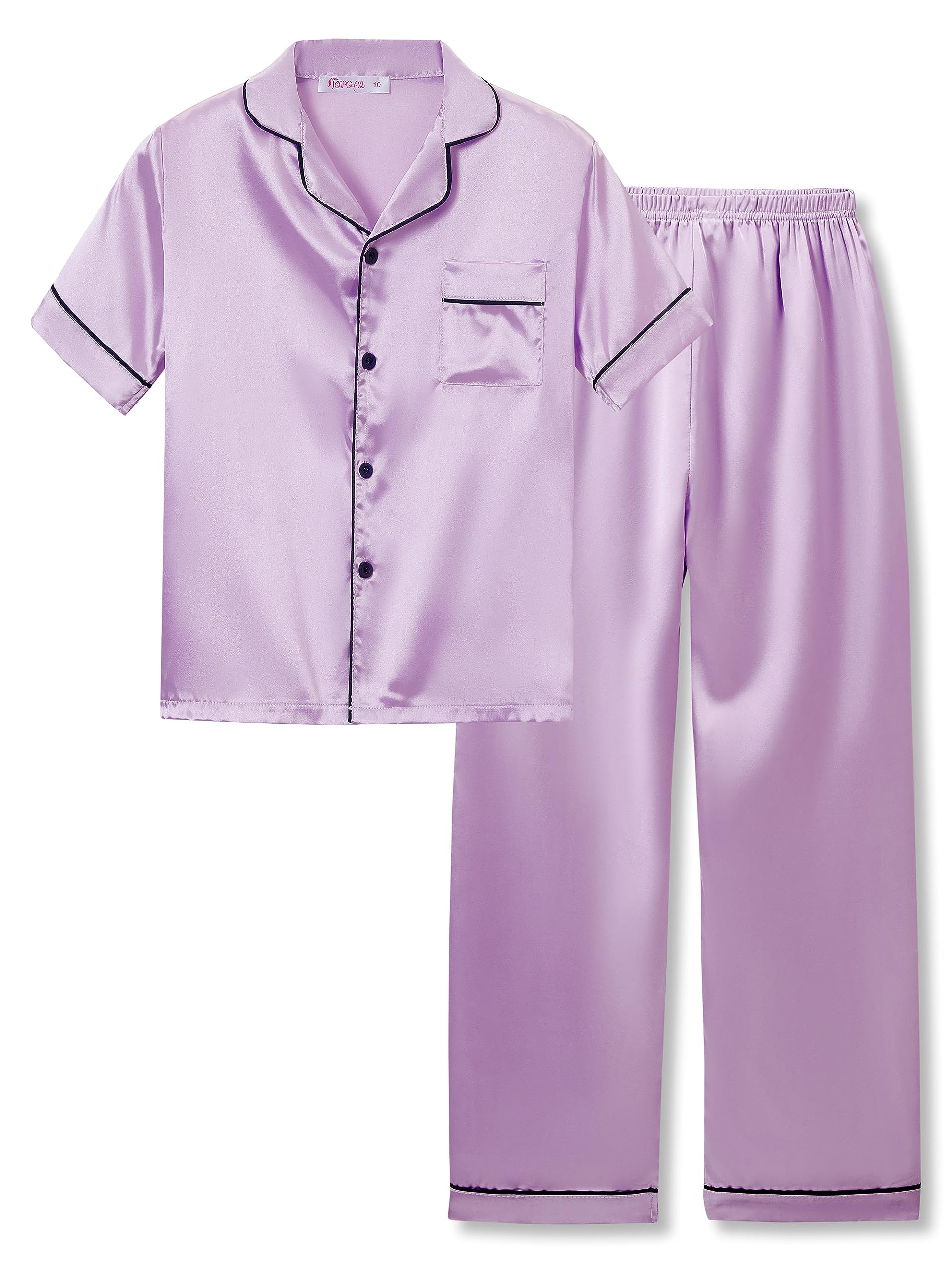 Topgal Little & Big Girls Pajama Set Size 8 - Lilac Satin Silky Cute Summer Short Sleeve & Pants Outfit