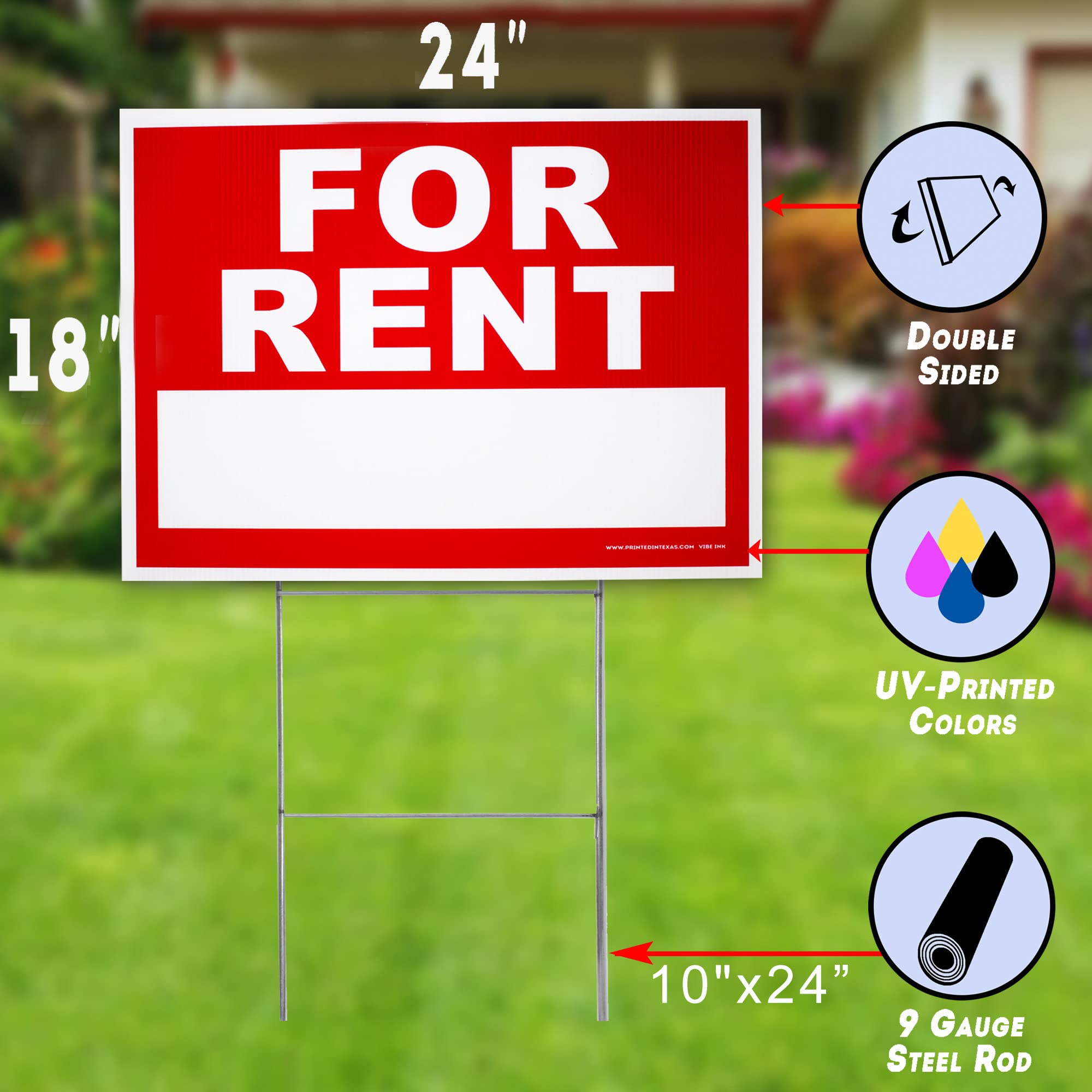 Large for Rent Sign Kit with Tall Stands - Yard Sign Bundle for Rental Property - Include (1x) 24" x 18" Yard Sign with (2X) Directional Left or Right Arrow + (3X) 24" Tall Wire Stakes