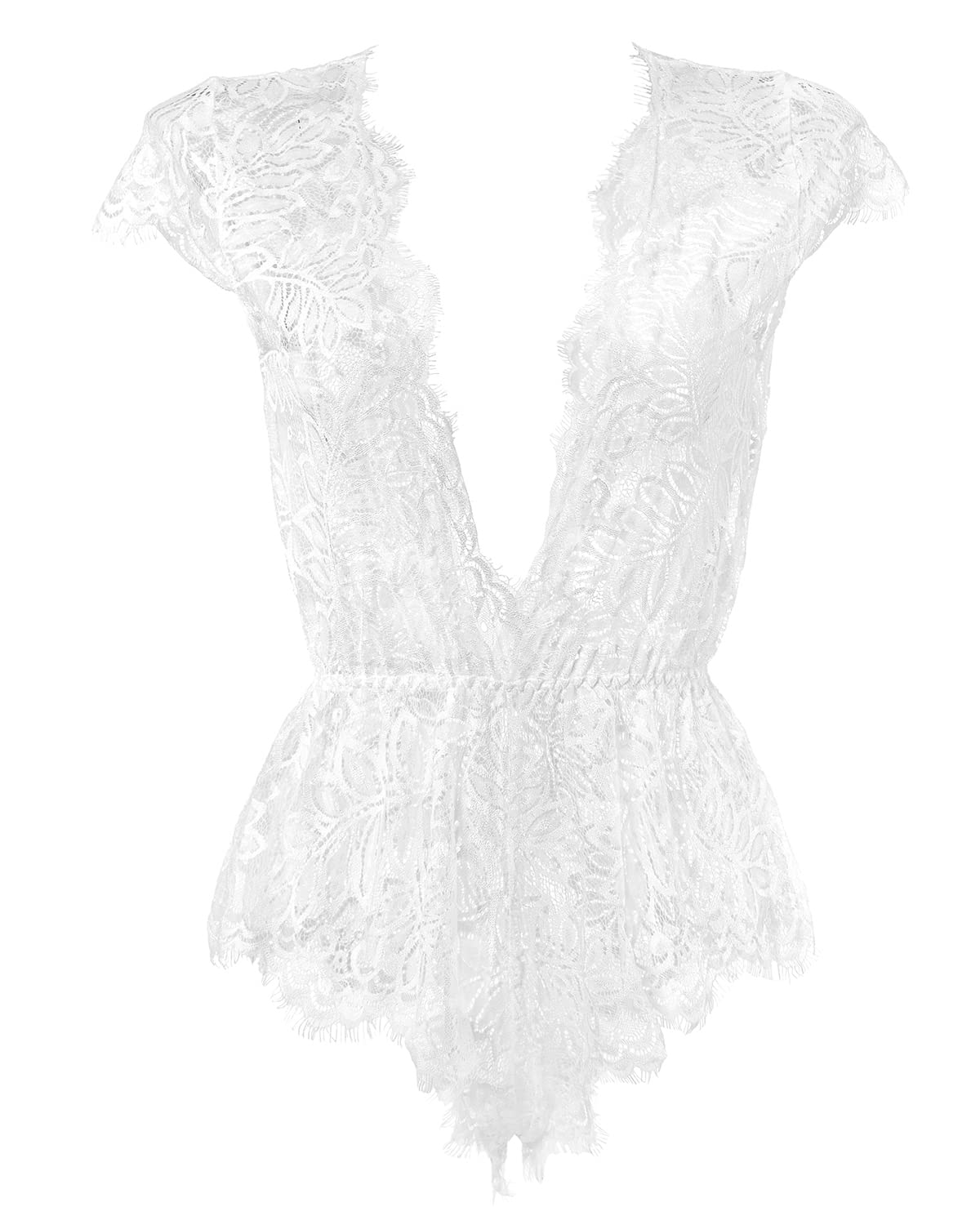 Anyou Womens Lingerie V-Neck Lace Bodysuit Mini Babydoll Featuring Plunging Eyelash Size XS-XXL White