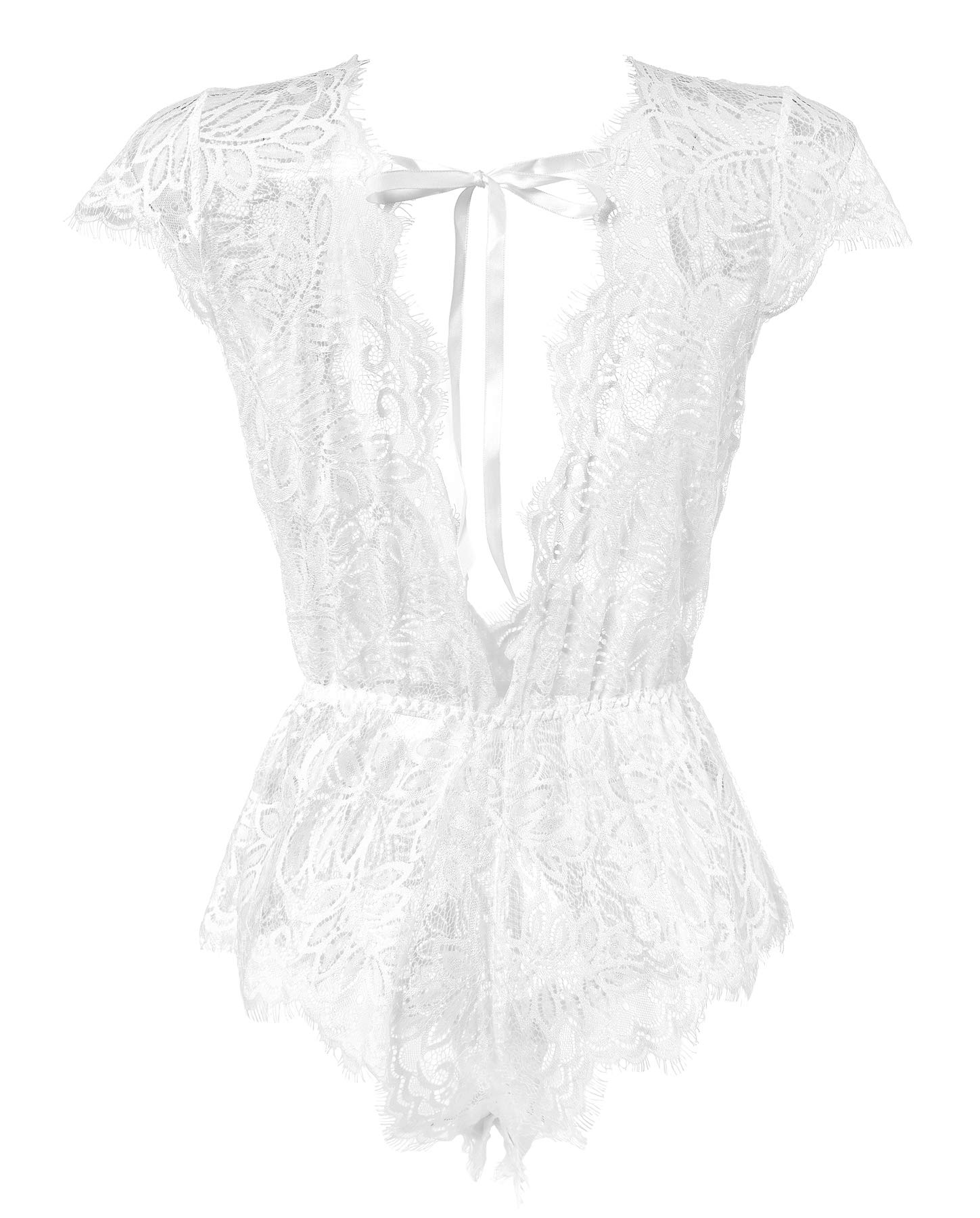 Anyou Womens Lingerie V-Neck Lace Bodysuit Mini Babydoll Featuring Plunging Eyelash Size XS-XXL White