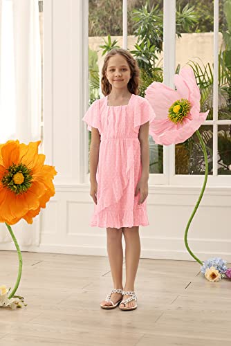 Danna Belle Pink Dresses for Girls Ruffle Hem Flutter Sleeve Casual Dress for Girl Size 7-8