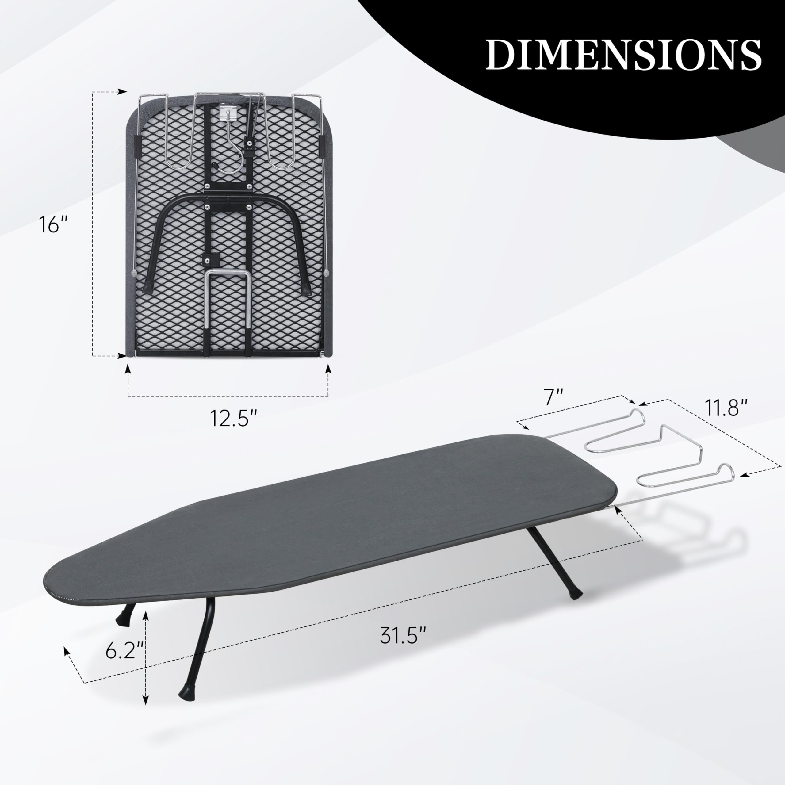 ZOES HOMEWARE Metal Mesh Panel Tabletop Ironing Board | Foldable Iron Board | Heavy Duty Small Iron Board with Heat Resistant Cover and 100% Cotton 8mm Thicken Pad | 31.5"x11.8"x6.2"