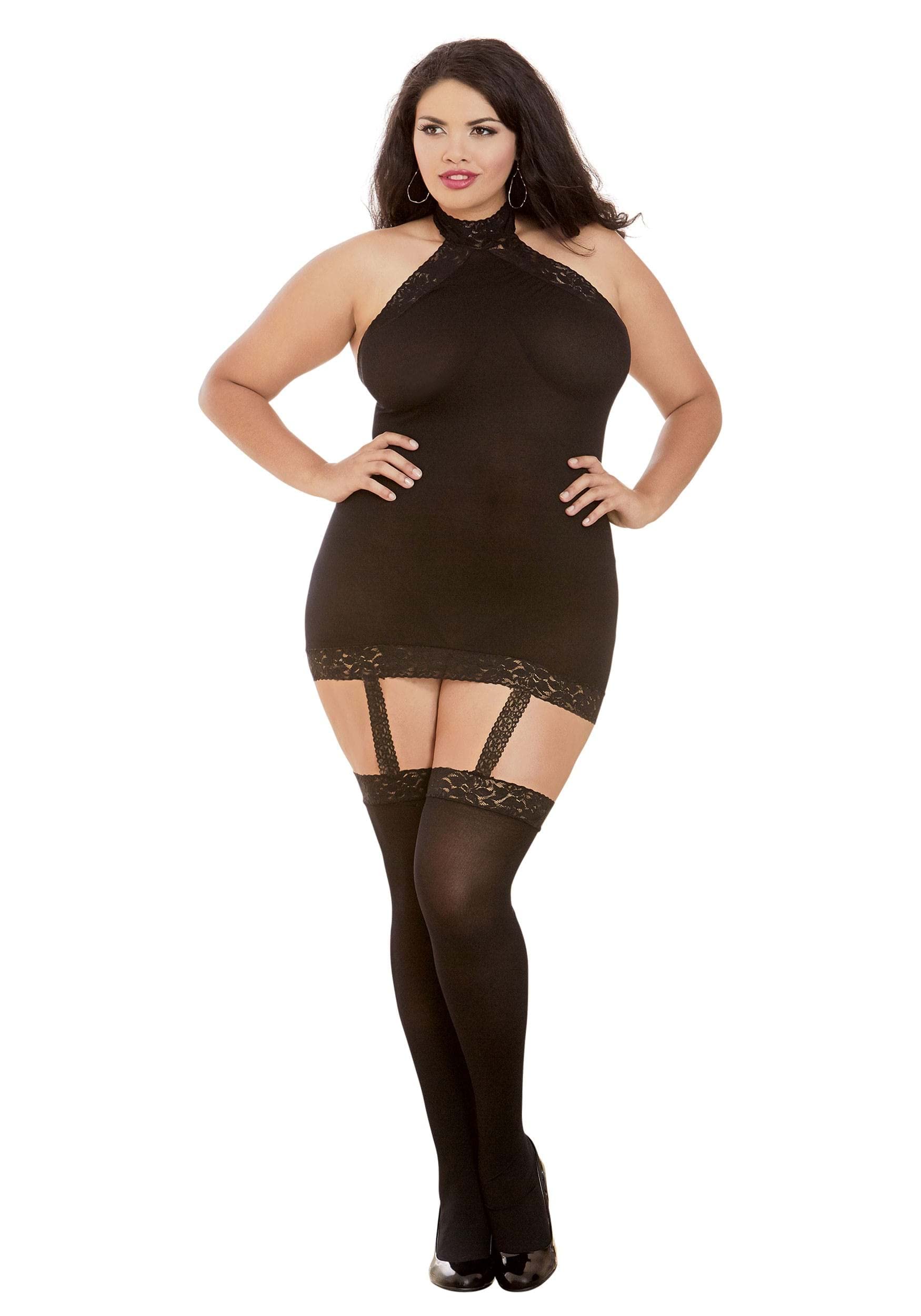 Dreamgirl Women's Plus Size Sexy Fashion Lingerie, Semi-Sheer Halter Garter Dress with Thigh High Stockings, Black, One Size