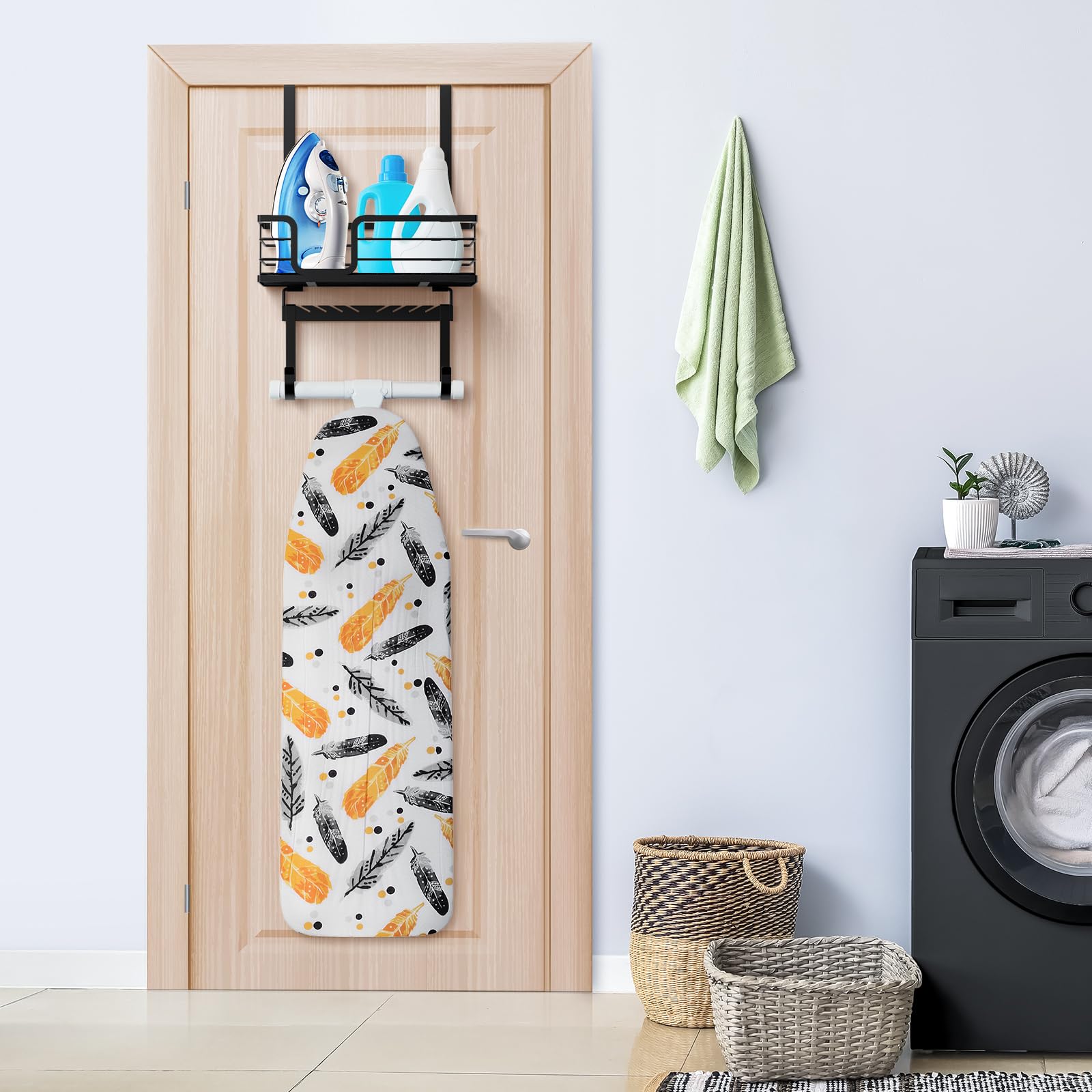 TJ.MOREE Over The Door/Wall Mount Ironing Board Hanger, Laundry Room Iron and Ironing Board Caddy Storage for Water Mister, Fabric Sprays, Laundry Detergent