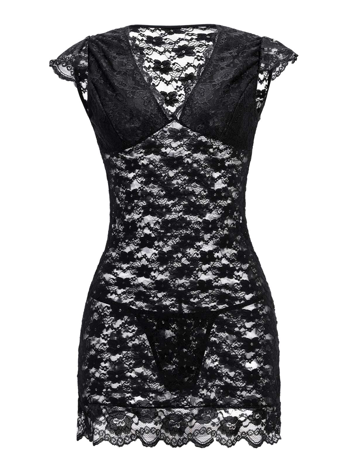 Women's Plus Size Lingerie Lace Babydoll Black Chemise Set Sleepwear (R007,Black,XL)