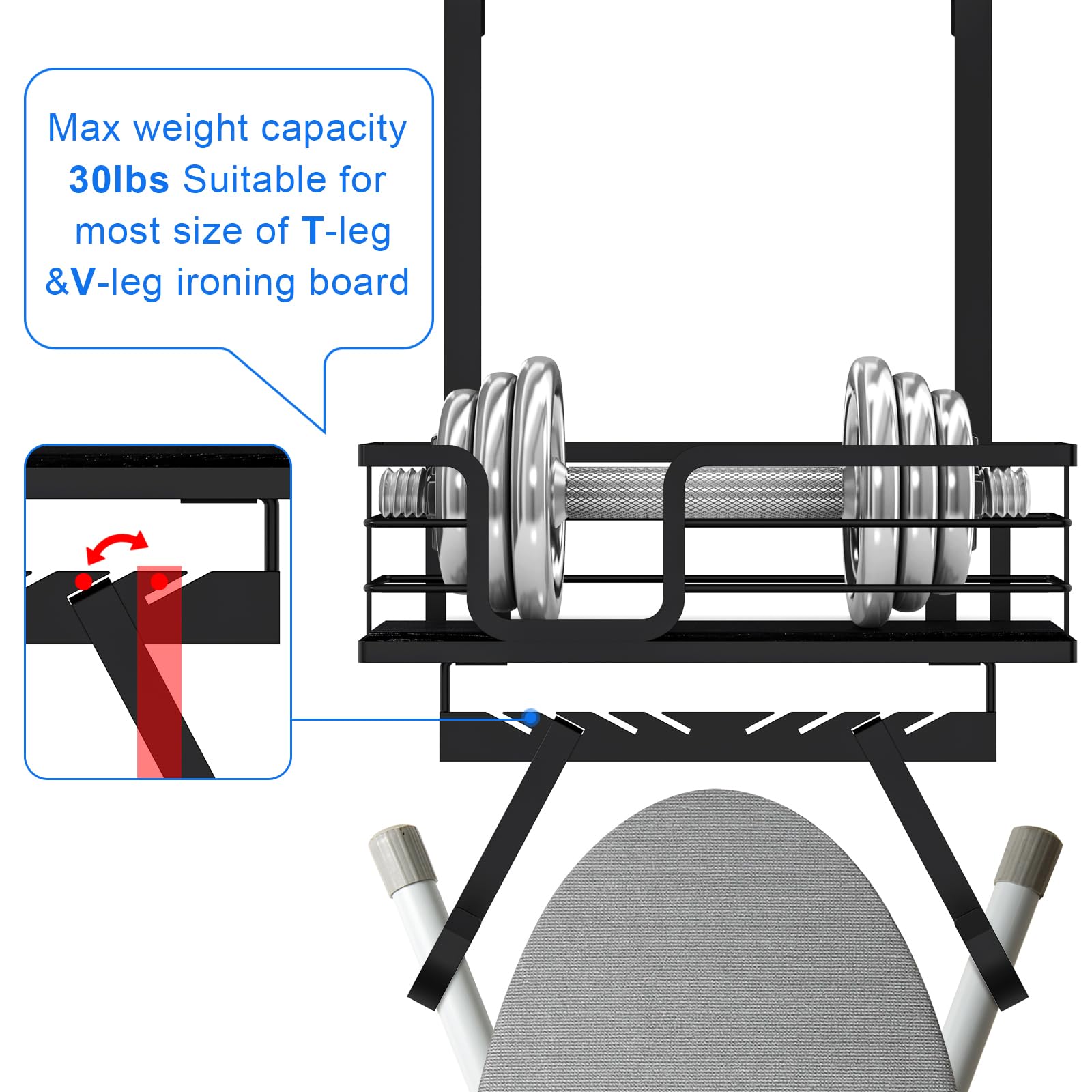 TJ.MOREE Over The Door/Wall Mount Ironing Board Hanger, Laundry Room Iron and Ironing Board Caddy Storage for Water Mister, Fabric Sprays, Laundry Detergent