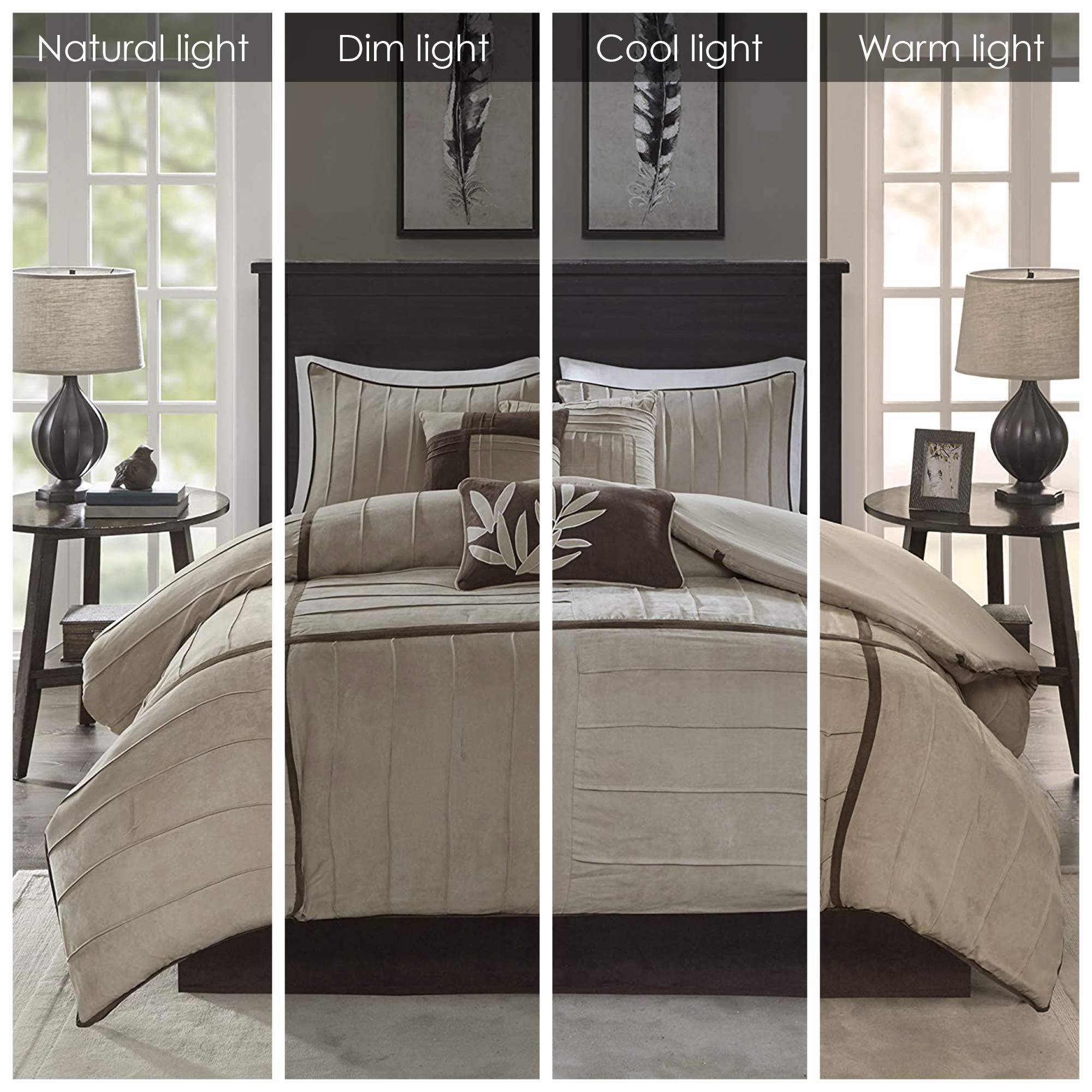 Madison Park Cozy Comforter Set Casual Blocks Design All Season, Matching Bed Skirt, Decorative Pillows, California King (104 in x 92 in), Dune Suede, Beige Brown, 7 Piece