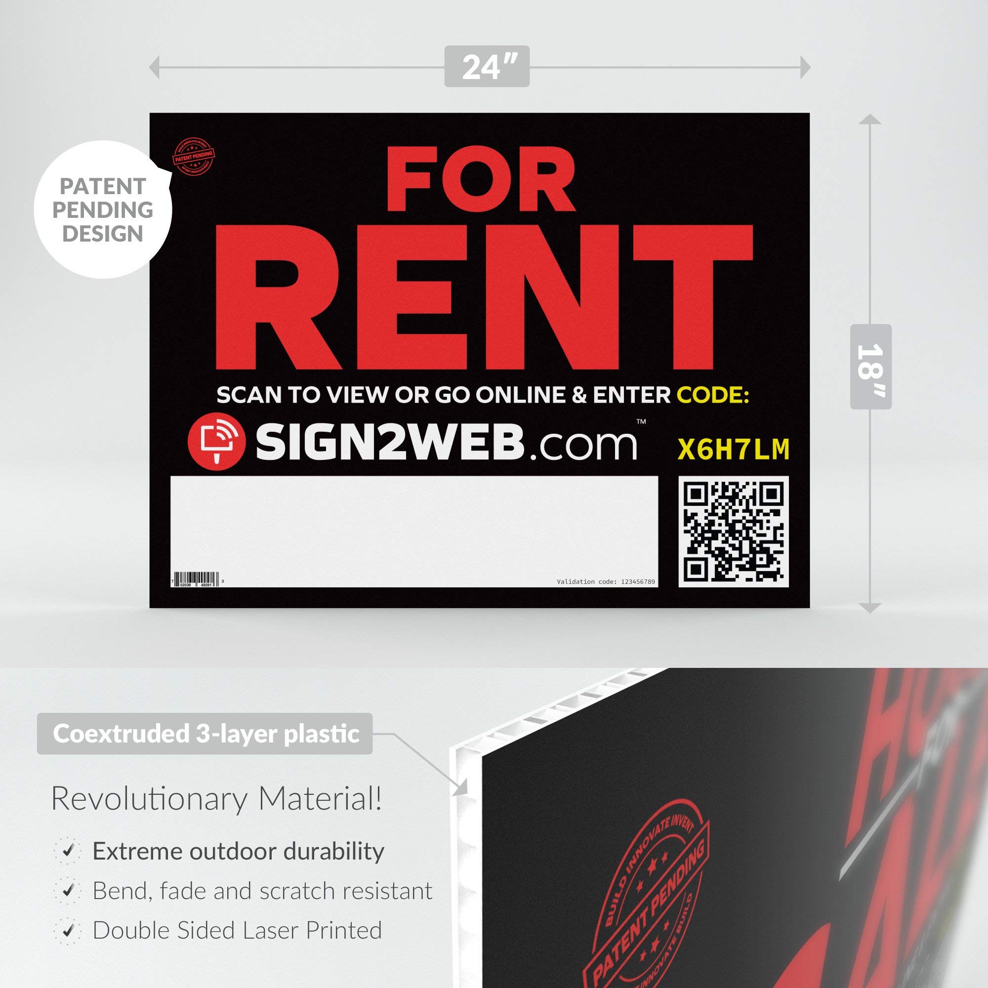 WEB ENABLED For Rent Real Estate Sign - Large 24β x 18β LASER PRINTED High Visibility For Rent Yard Sign - Double Sided House For Rent Sign - THE EVOLVED FOR RENT SIGN SOLUTION!