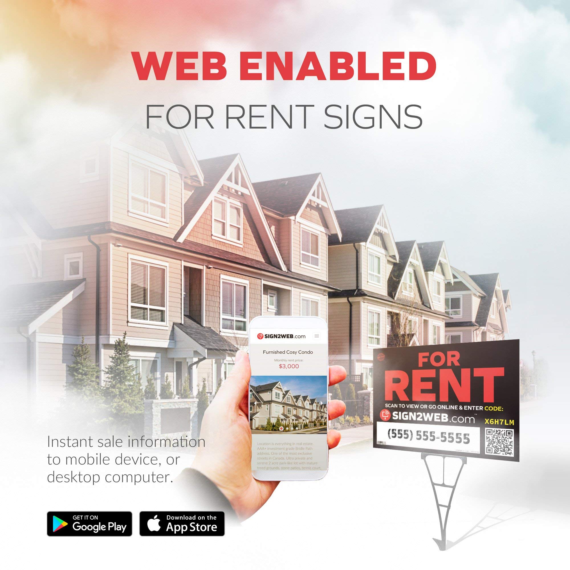 WEB ENABLED For Rent Real Estate Sign - Large 24β x 18β LASER PRINTED High Visibility For Rent Yard Sign - Double Sided House For Rent Sign - THE EVOLVED FOR RENT SIGN SOLUTION!