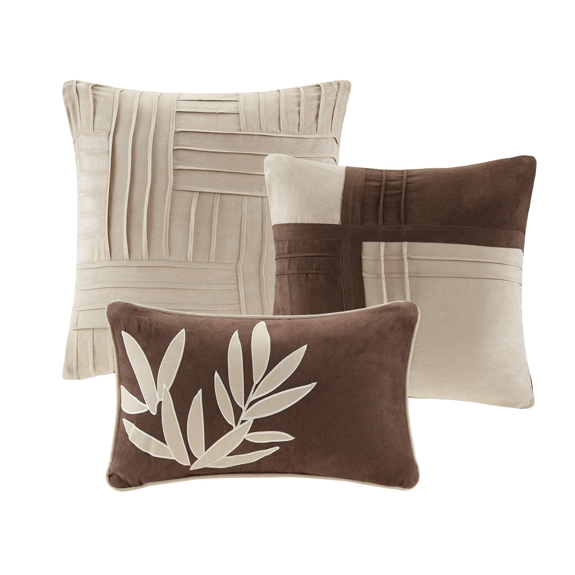 Madison Park Cozy Comforter Set Casual Blocks Design All Season, Matching Bed Skirt, Decorative Pillows, California King (104 in x 92 in), Dune Suede, Beige Brown, 7 Piece